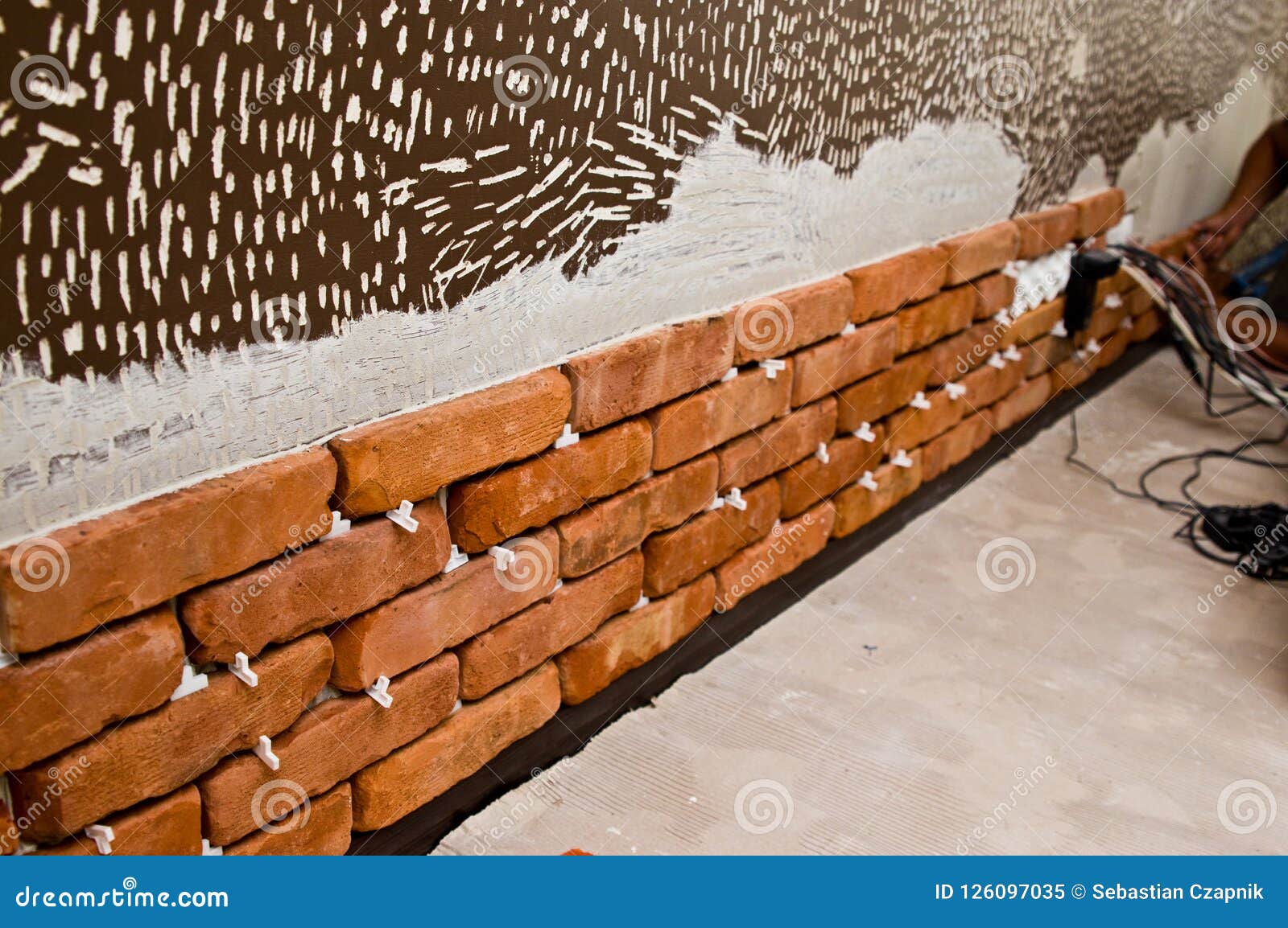 Process of Making a Red Brick Wall, Home Renovation Stock Image - Image ...