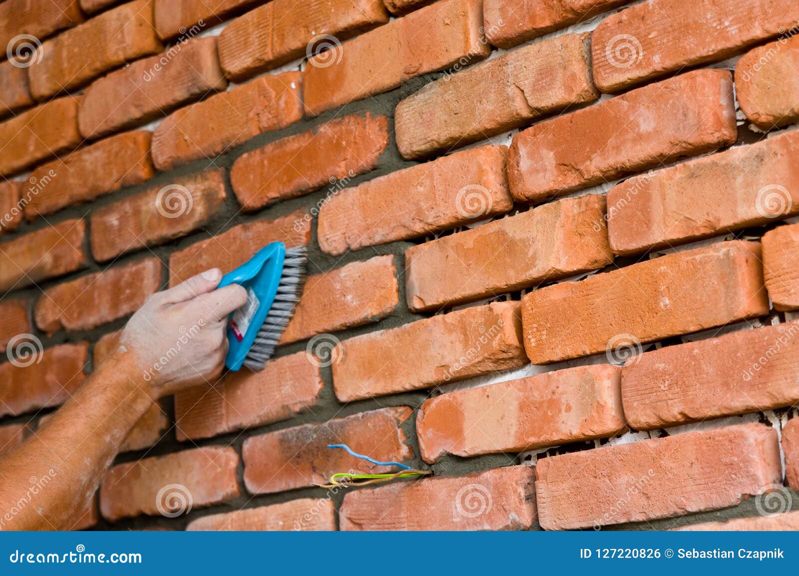 Process of Making a Red Brick Wall, Home Renovation Stock Photo - Image ...