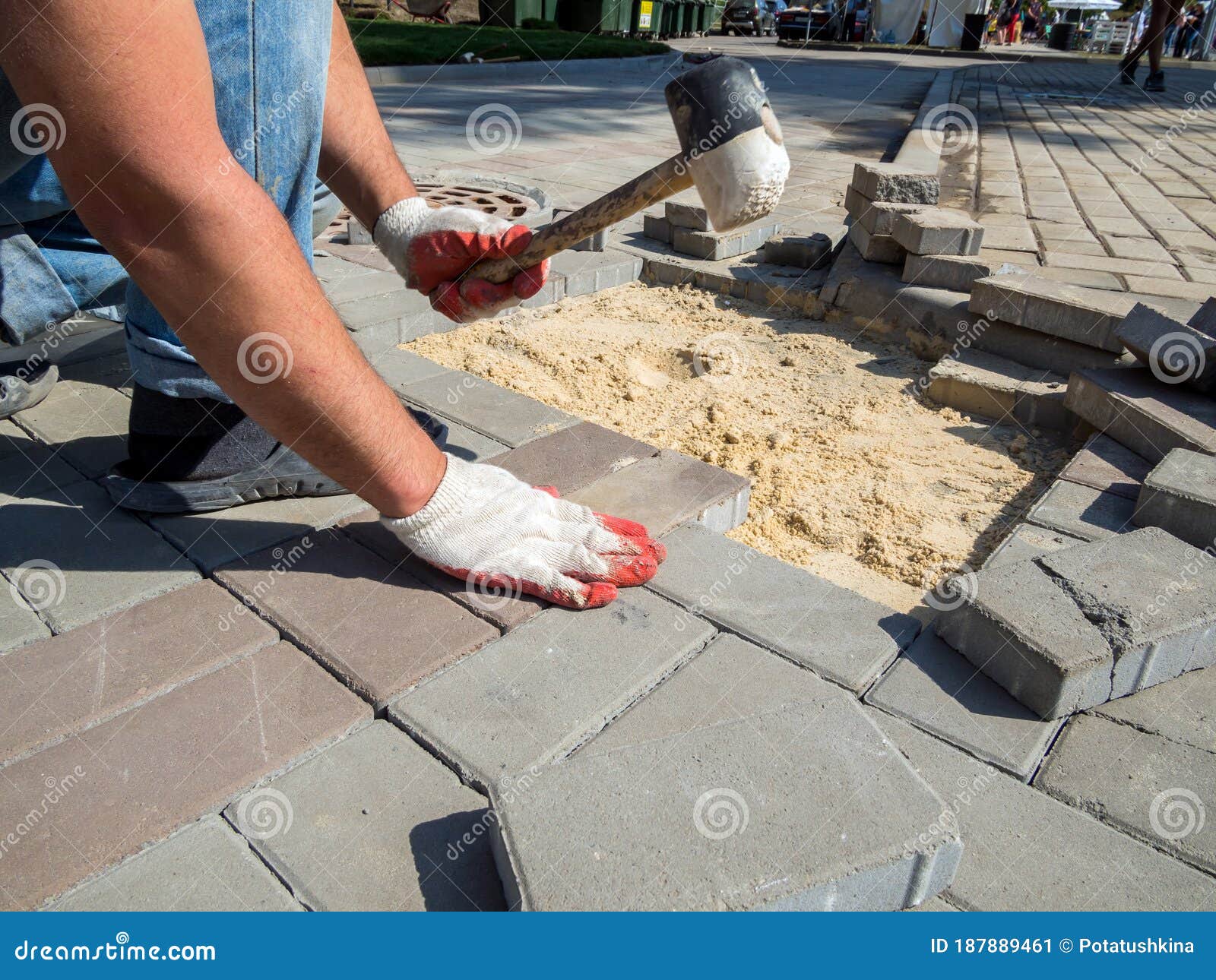 The Process of Manual Laying of Paving Slabs Stock Image - Image of ...