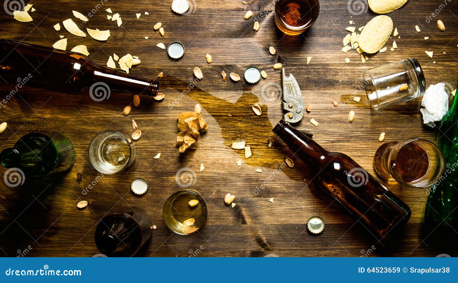 In the Process of Party - Spilled Beer, Bottle Caps and Leftover Chips ...