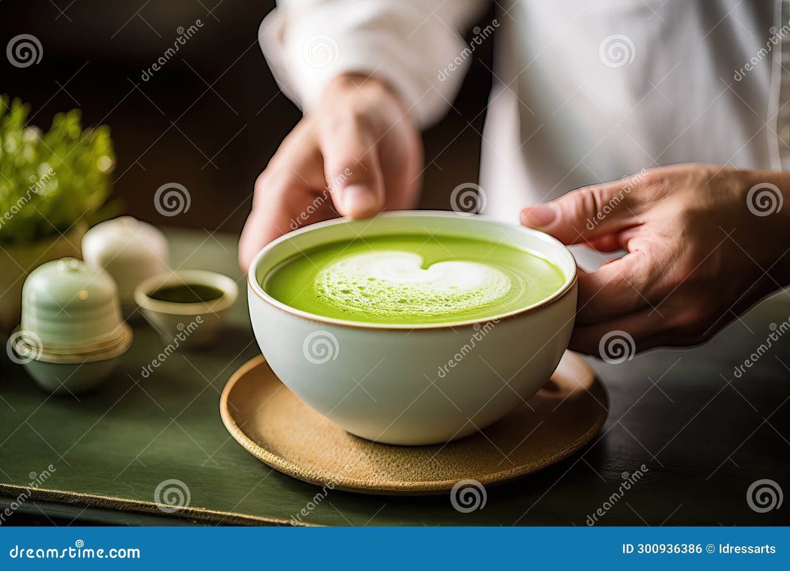 Process of Preparing a Delicious Matcha Latte. the Pouring of the Latte ...
