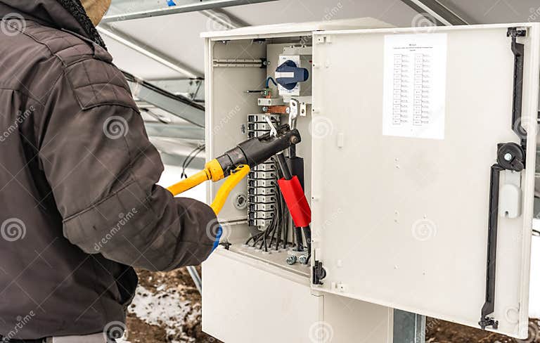 The Process of Pressing the Copper Cable Tips Stock Image - Image of ...
