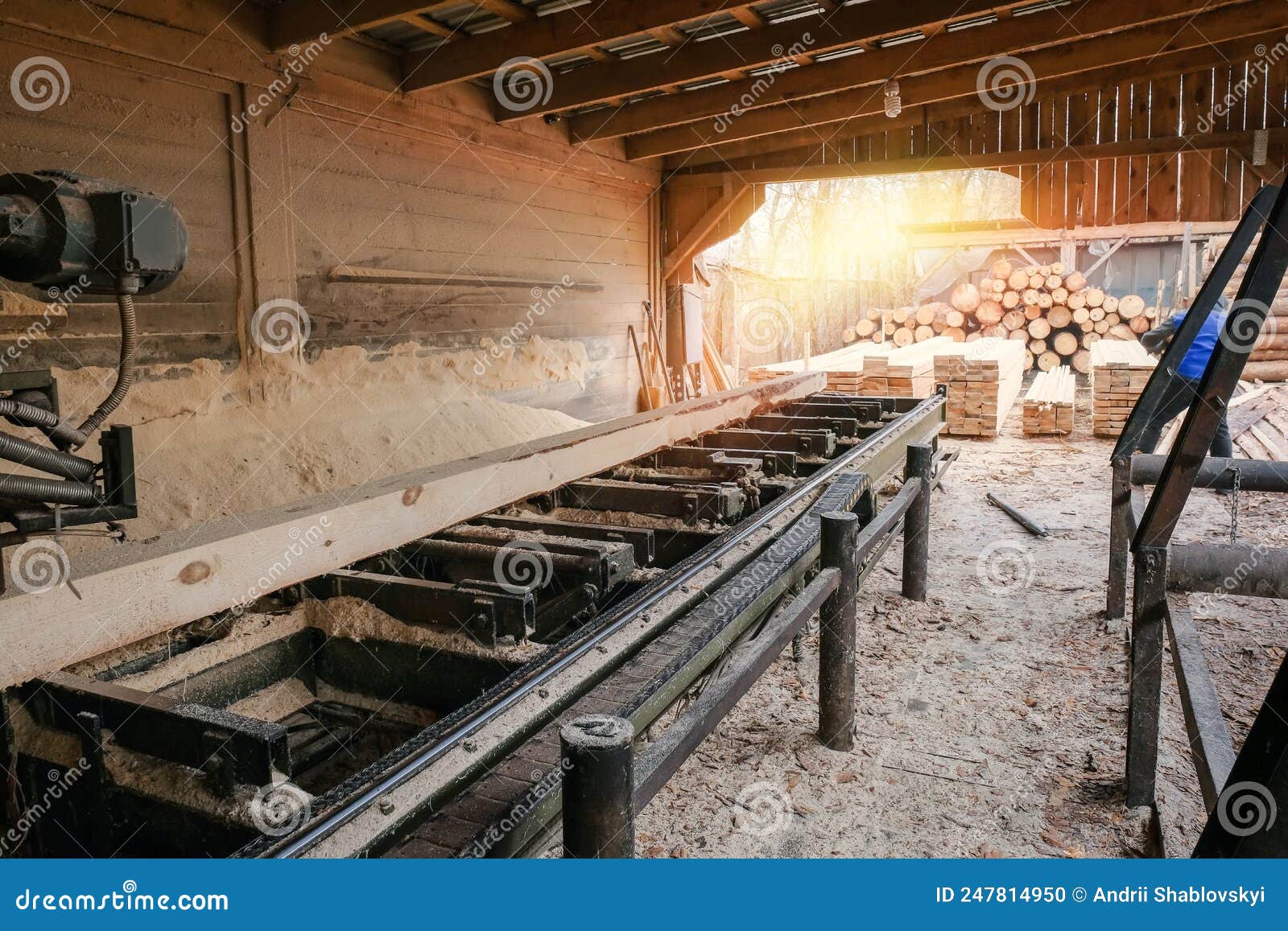 The Process of Processing Wood at the Sawmill. Timber Industry Stock ...