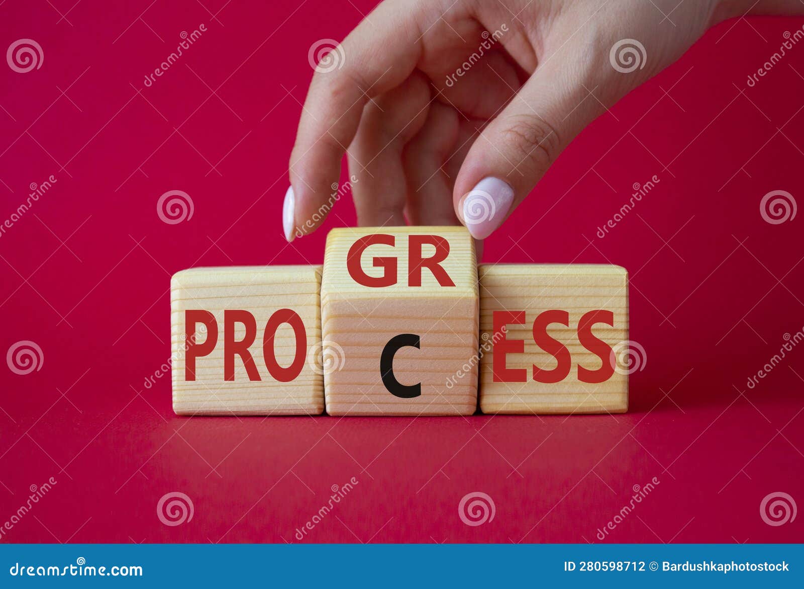 Process And Progress Symbol. Businessman Hand Turns Wooden Cubes And ...