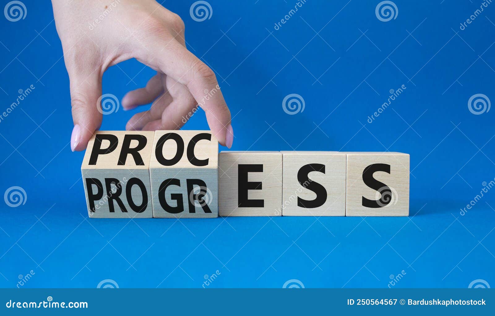 Process and Progress Symbol. Hand Turns Wooden Cubes and Changes Word ...