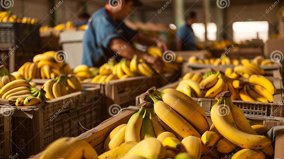 The Process of Sorting and Packaging Bananas in Production. Yellow ...