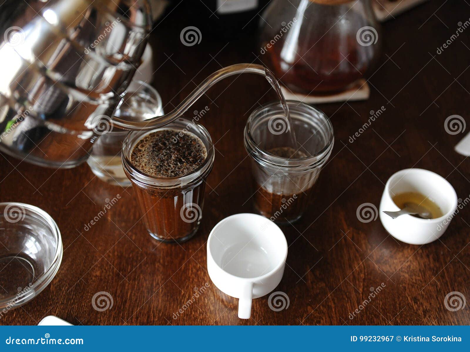The Process of Tasting Cupping. Coffee is Brewed in Glass Cups Stock ...