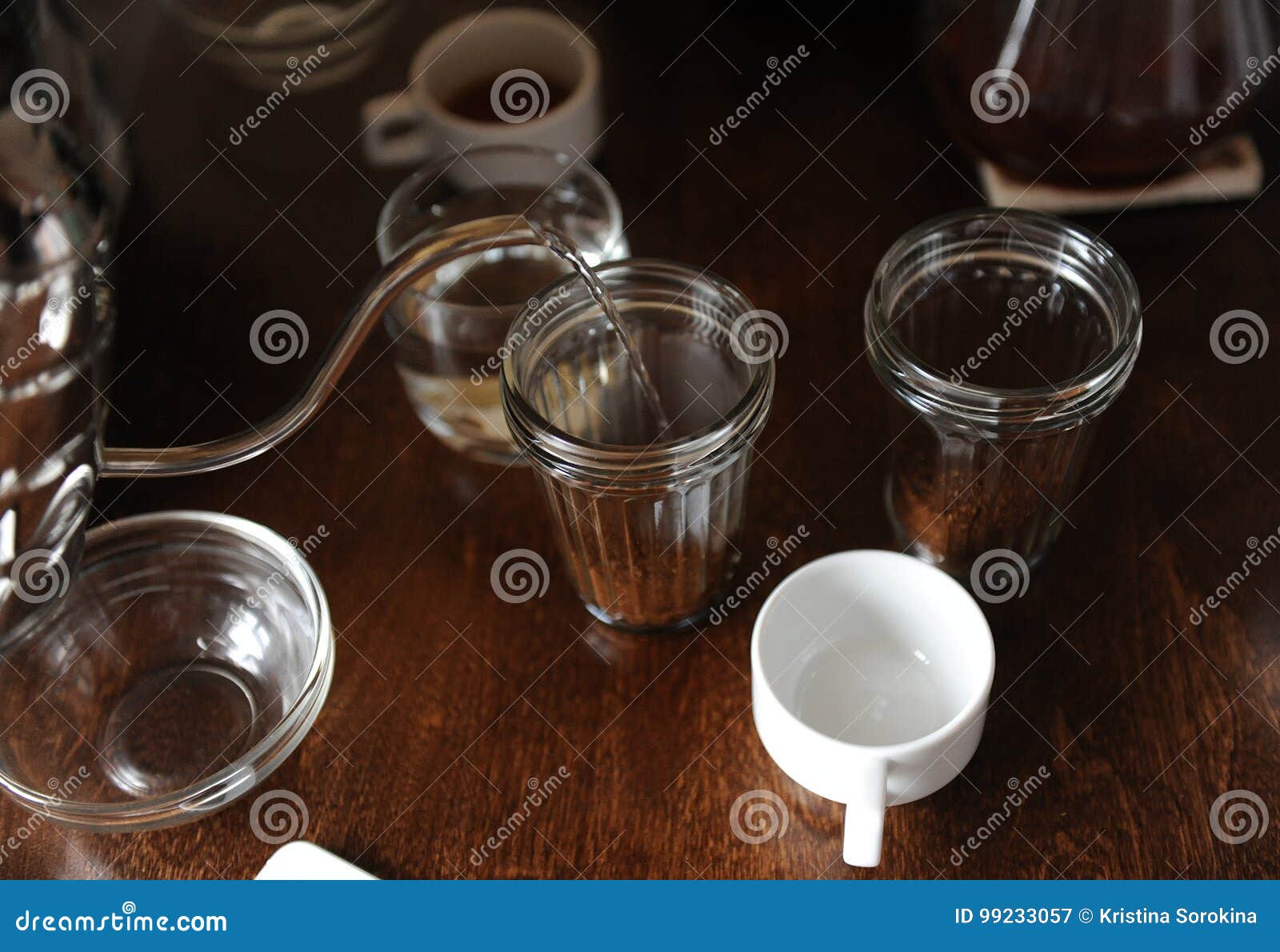 The Process of Tasting Cupping. Coffee is Brewed in Glass Cups Stock ...