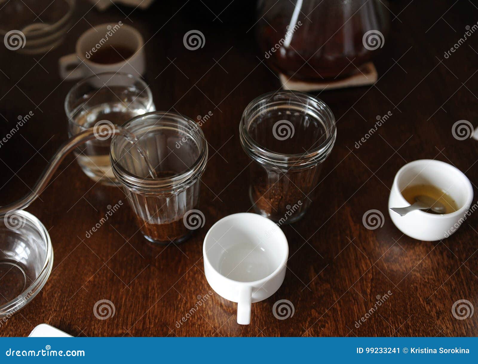 The Process of Tasting Cupping. Coffee is Brewed in Glass Cups Stock ...