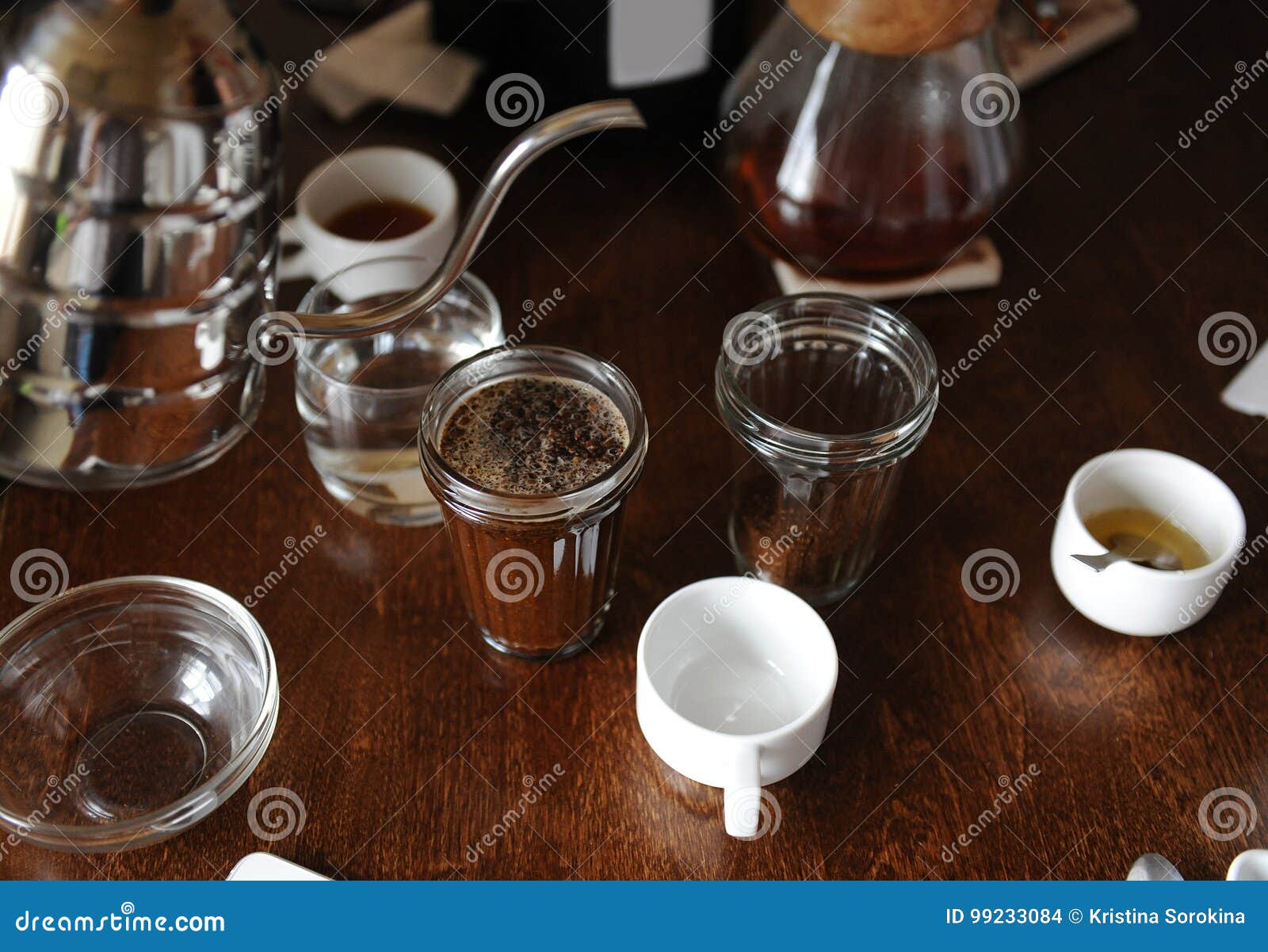 The Process of Tasting Cupping. Coffee is Brewed in Glass Cups Stock ...