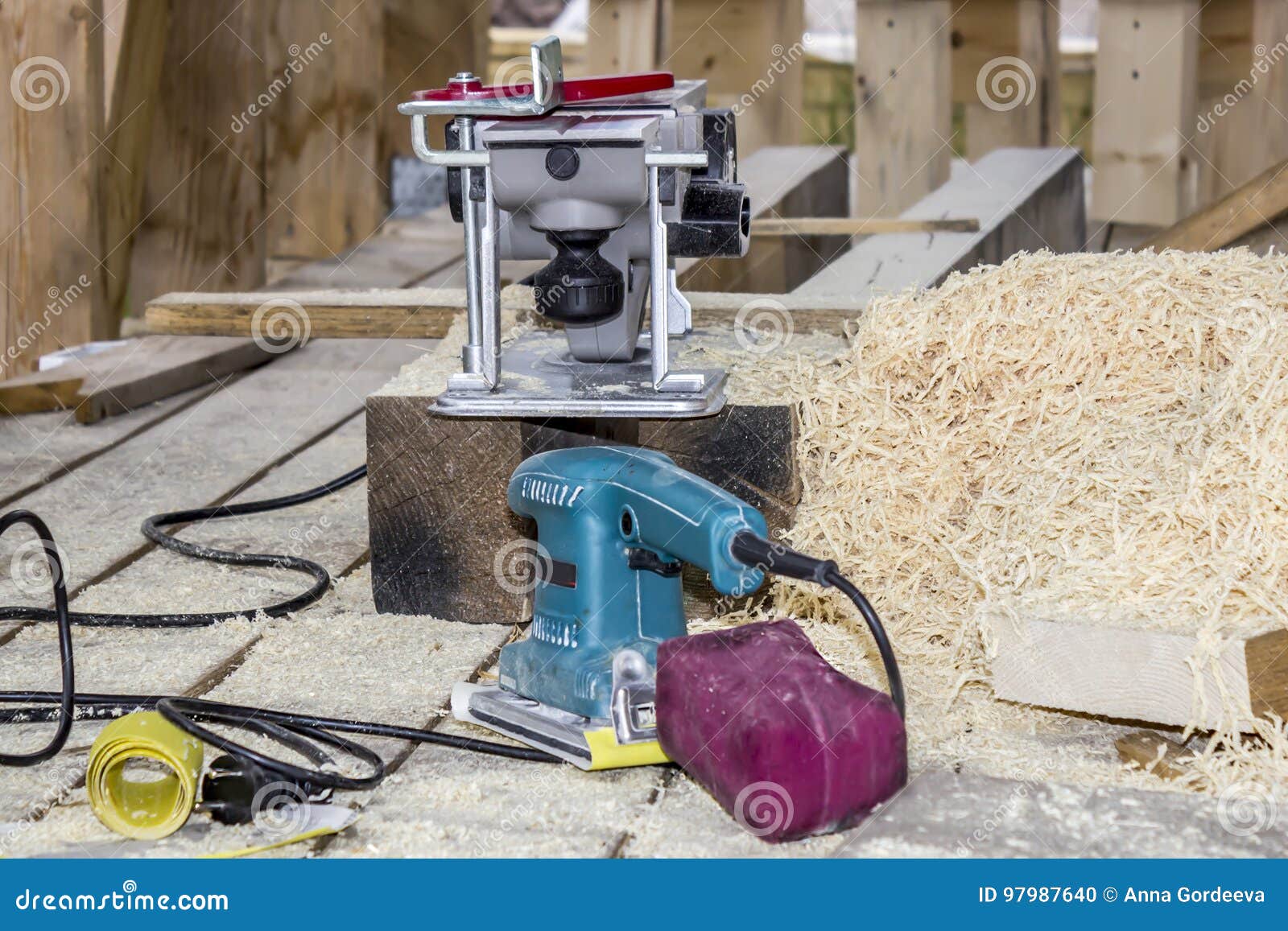 The Process of Treating Wood, Carpenter Working with Grinder Stock ...