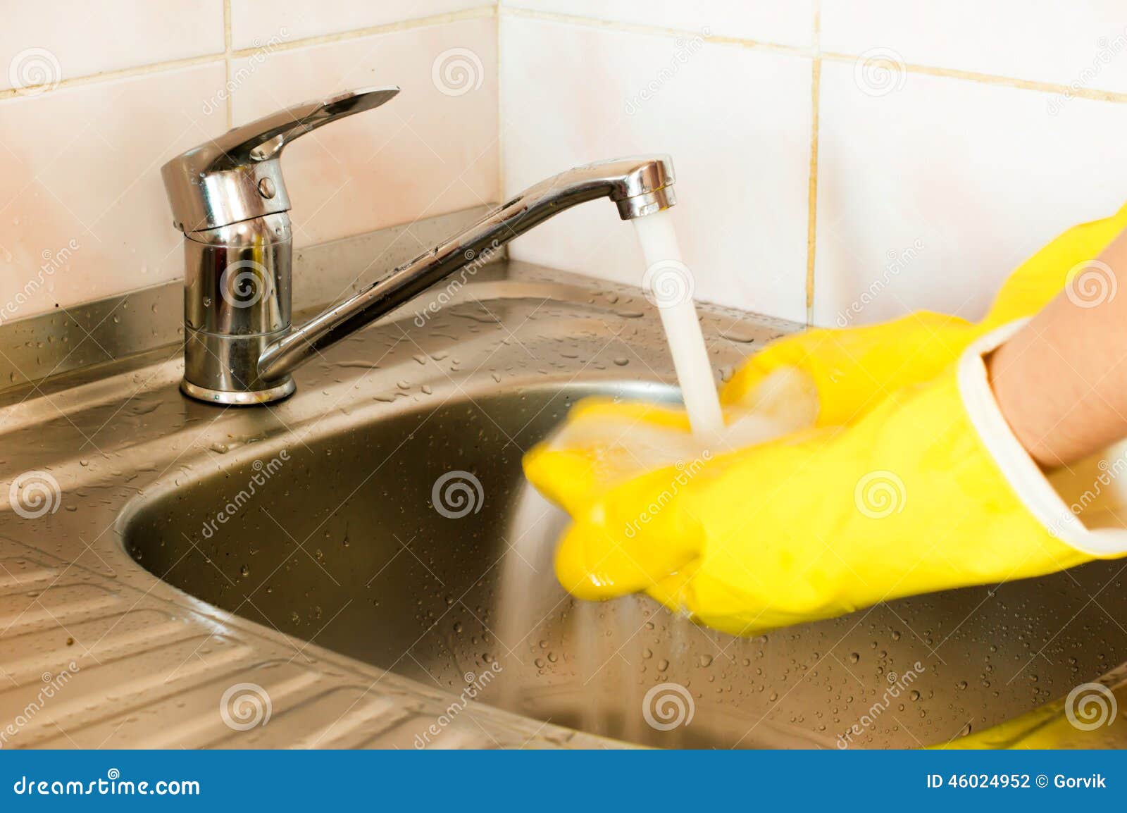 The Process of Washing Hands in Yellow Gloves Stock Photo - Image of ...