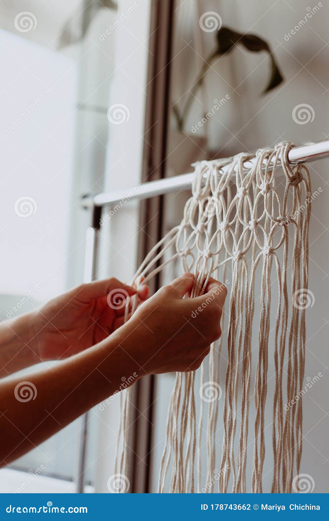 The Process of Weaving Macrame. Hands Weave Macrame Decor Stock Photo ...