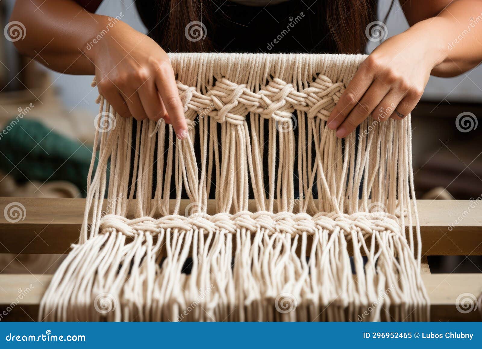 The Process of Weaving Macrame. Hands Weave Macrame Decor Stock ...