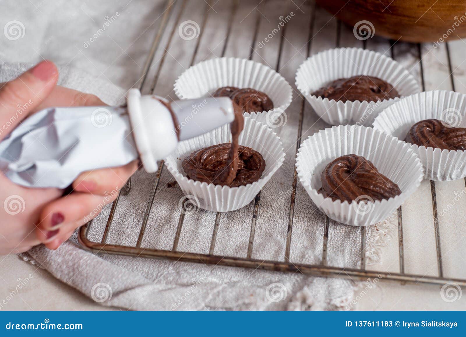 Processes of Preparation of Chocolate Muffins Close-up on the Table ...