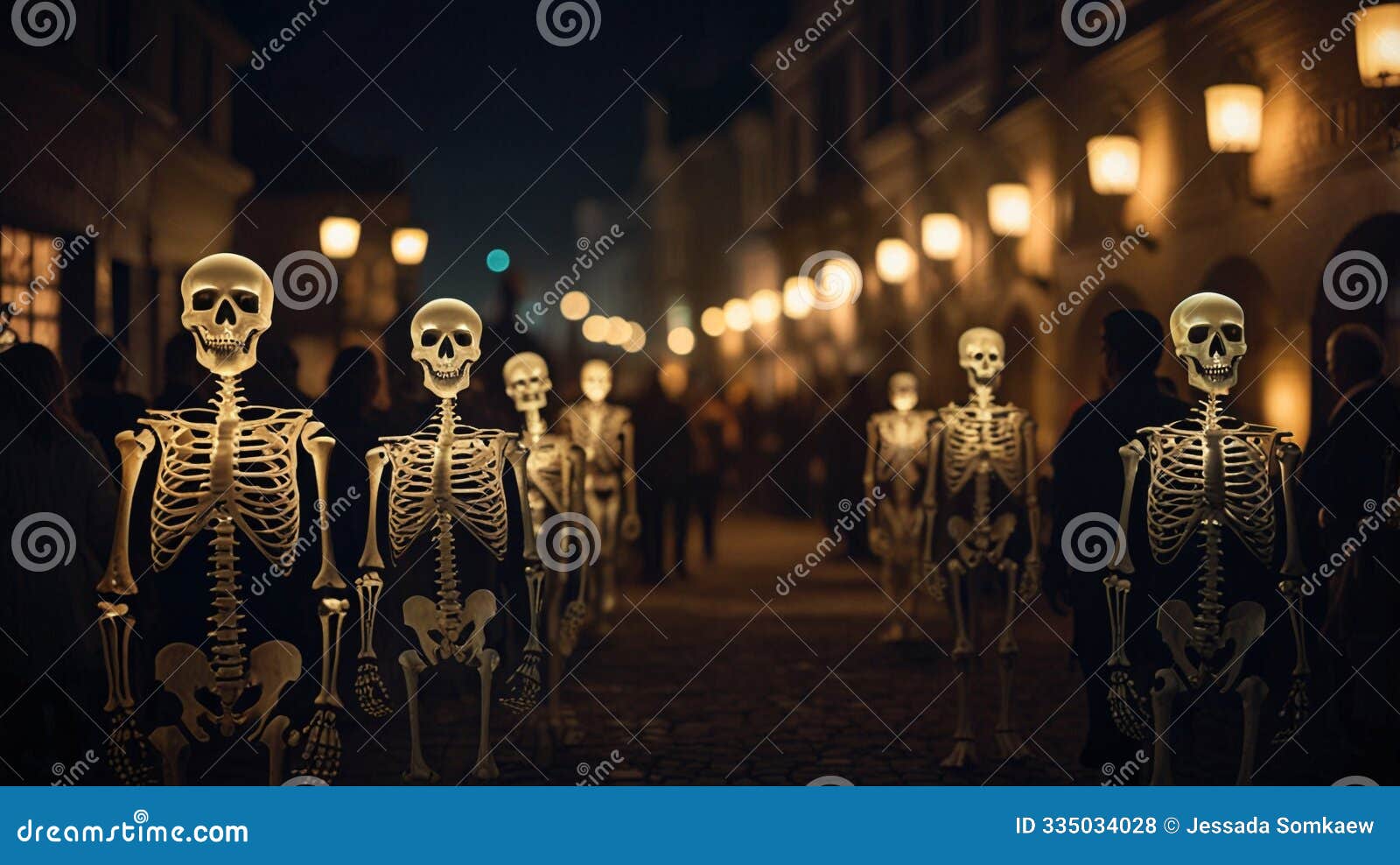 A Procession of Animated Skeletons Marching through a Dark Street Lit ...