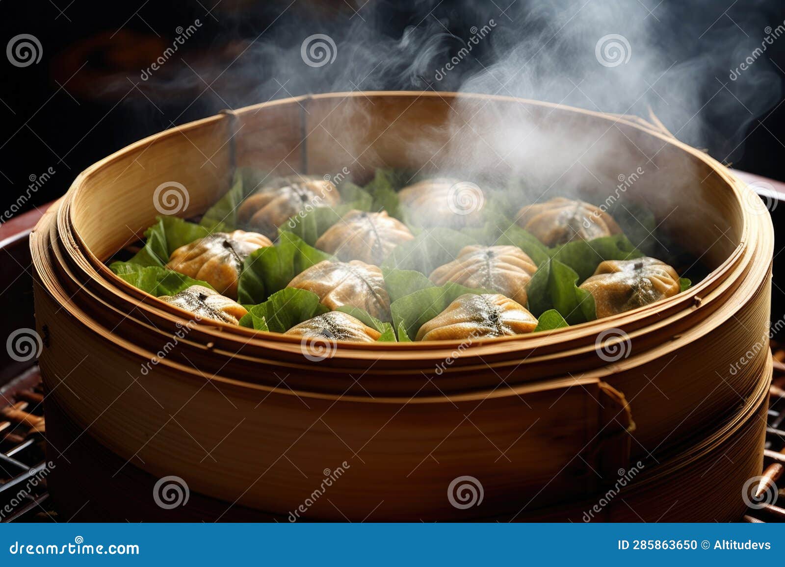 Processo De Vapor De Dim Sum Num Vapor Tradicional De Bambu Foto de ...