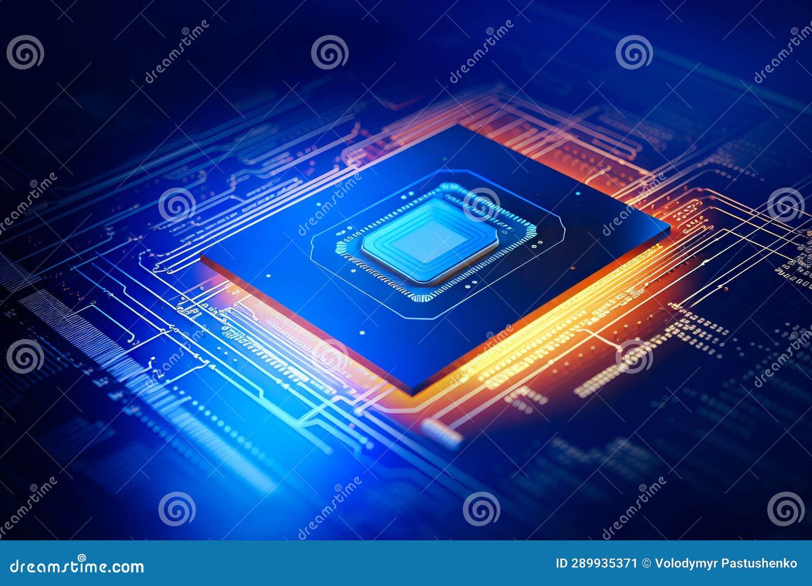 Processor Chip on Blue and Orange Background with Blue Light ...