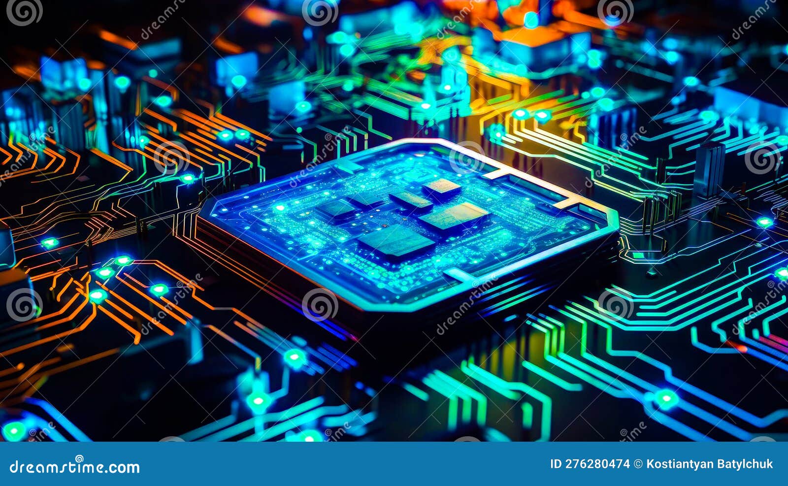 Processor Chip on Top of Computer Board with Colorful Lights in the ...