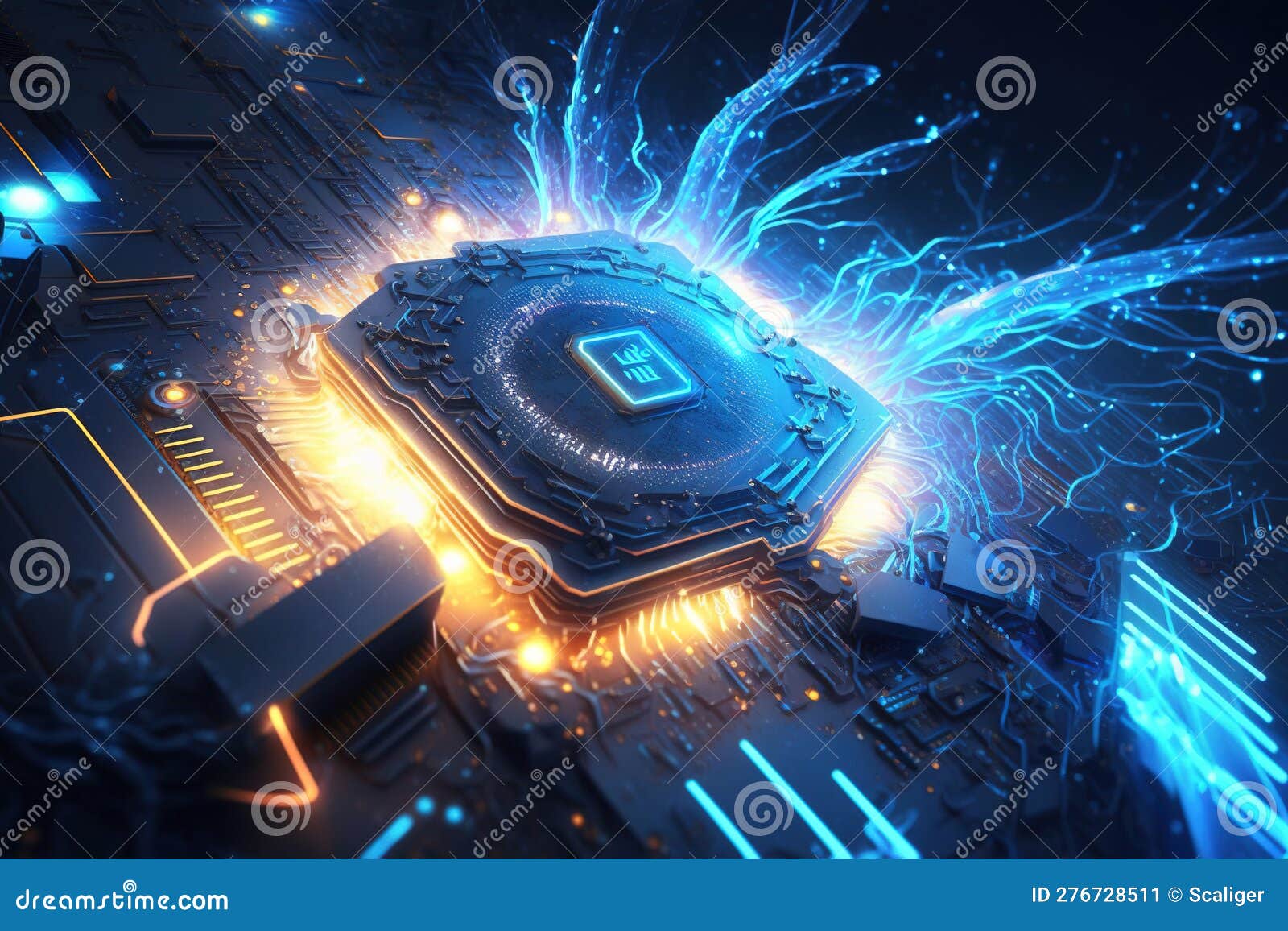 Processor on Circuit Board, CPU Chip with Magic Light Inside Computer, Generative AI Stock ...
