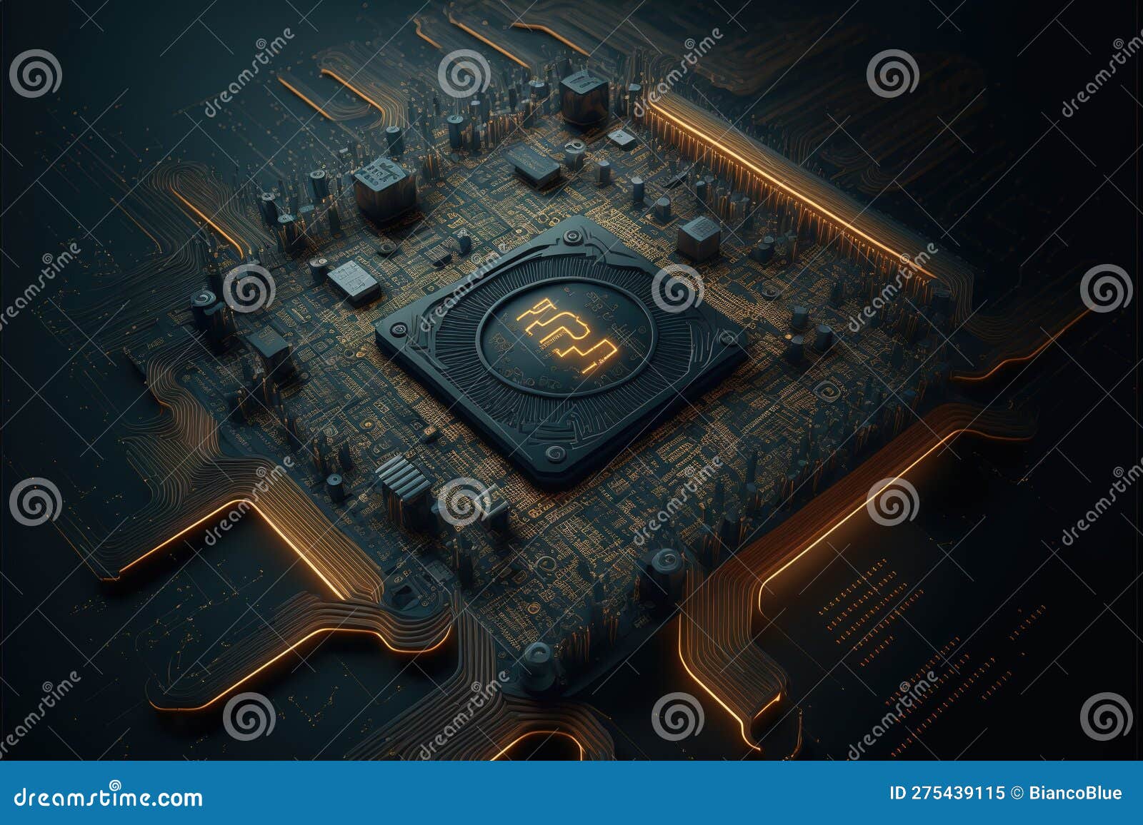 Processor CPU or GPU Microchip on Dark Mother Board Stock Illustration ...