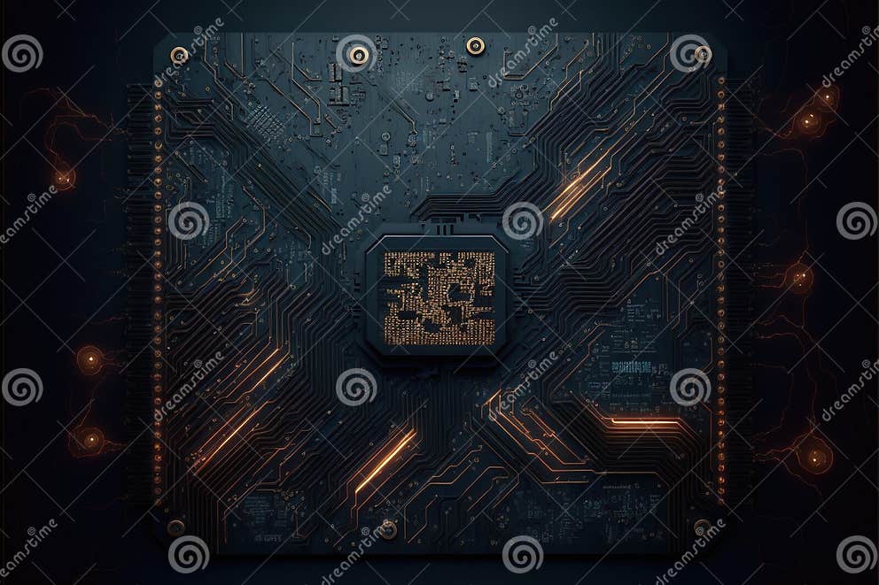 Processor CPU or GPU Microchip on Dark Mother Board Stock Illustration ...