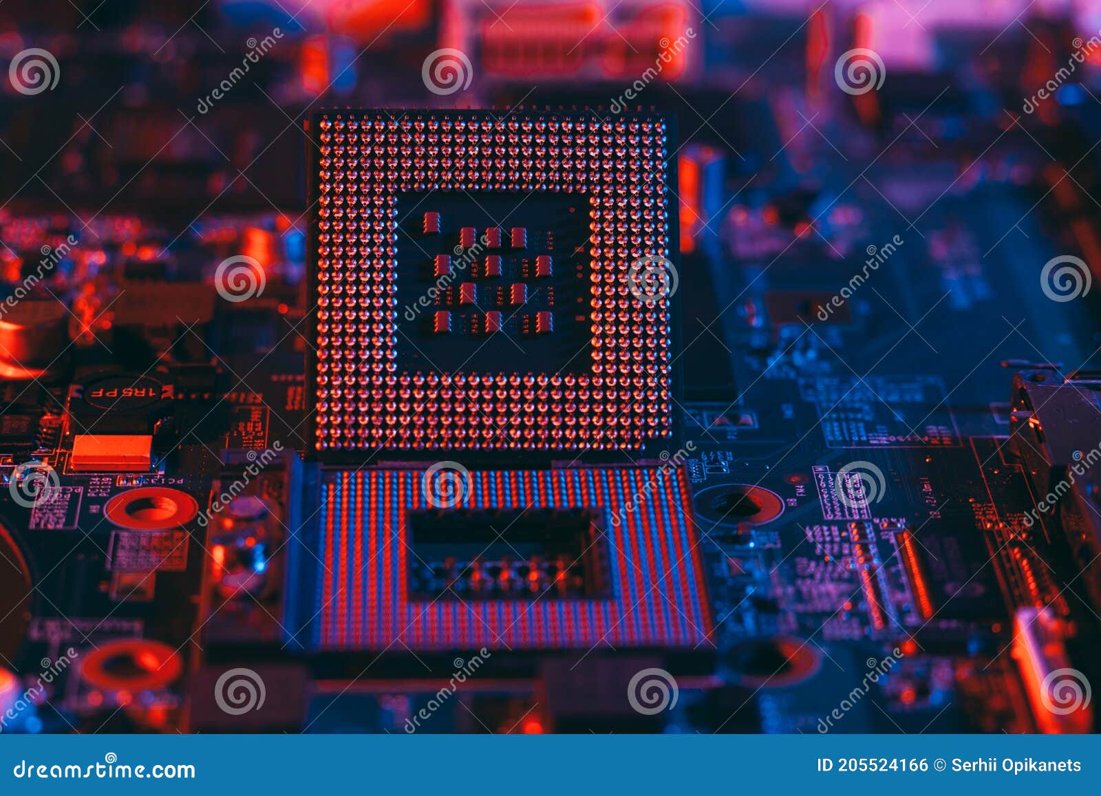 The Processor on the Motherboard Near the Socket. Neon Colors Stock ...