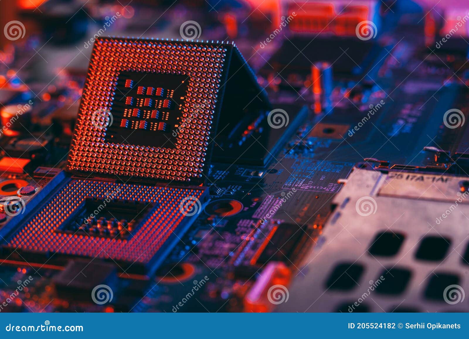 Processor With Neon Light. Large Photo With Blue-yellow Light On A Dark ...