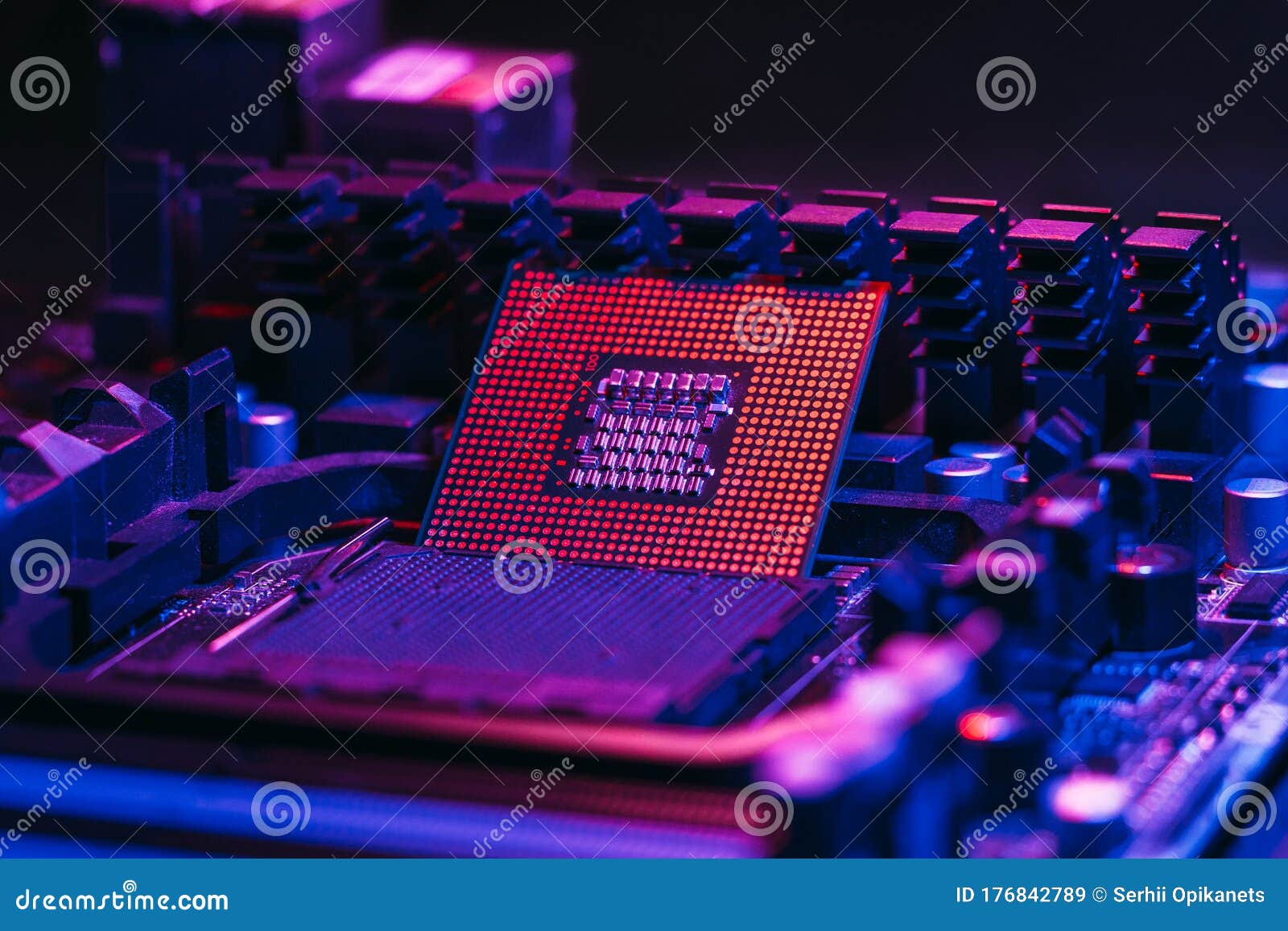 Processor With Neon Light. Large Photo With Blue-yellow Light On A Dark ...