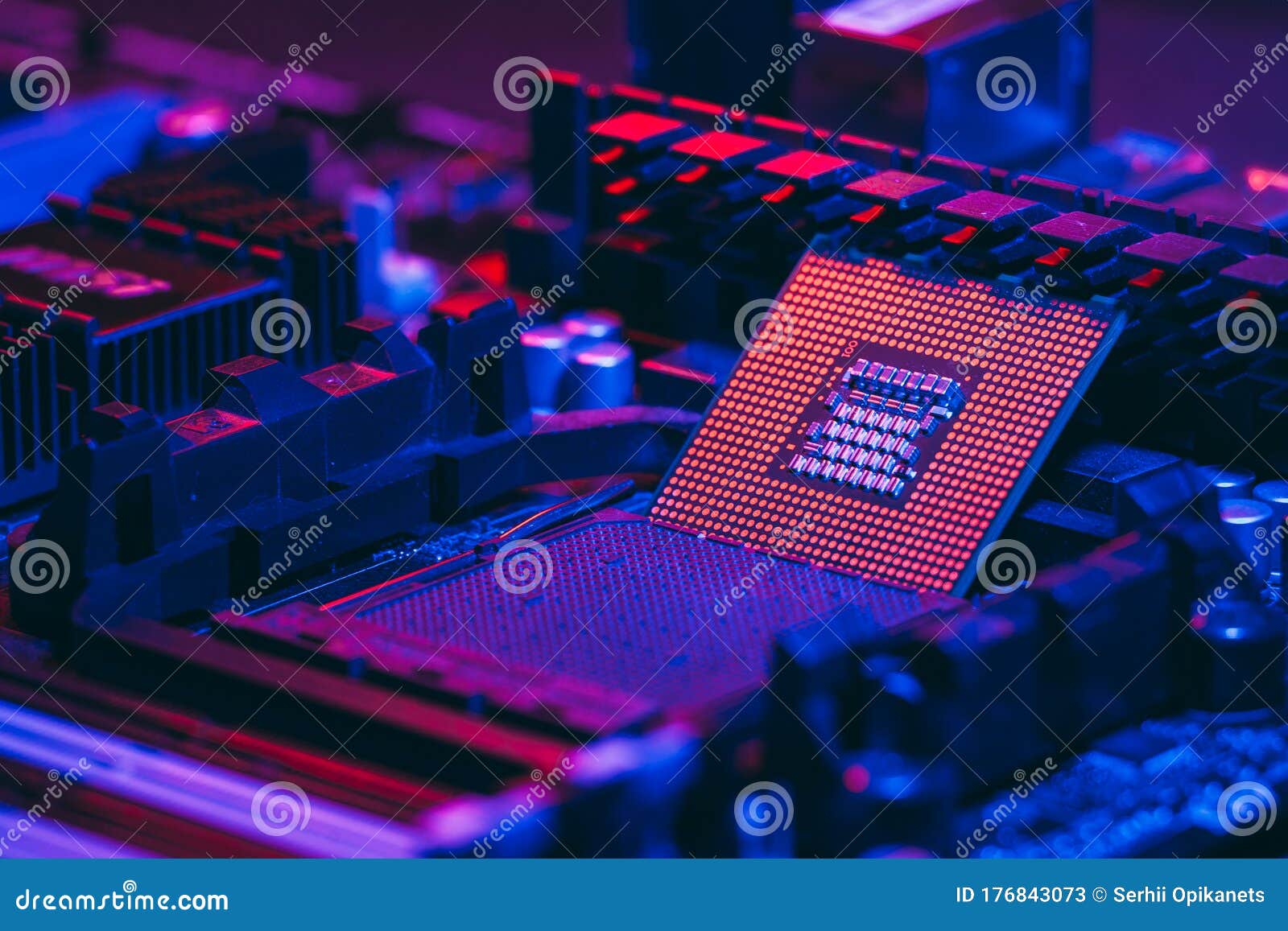 Processor With Neon Light. Large Photo With Blue-yellow Light On A Dark ...