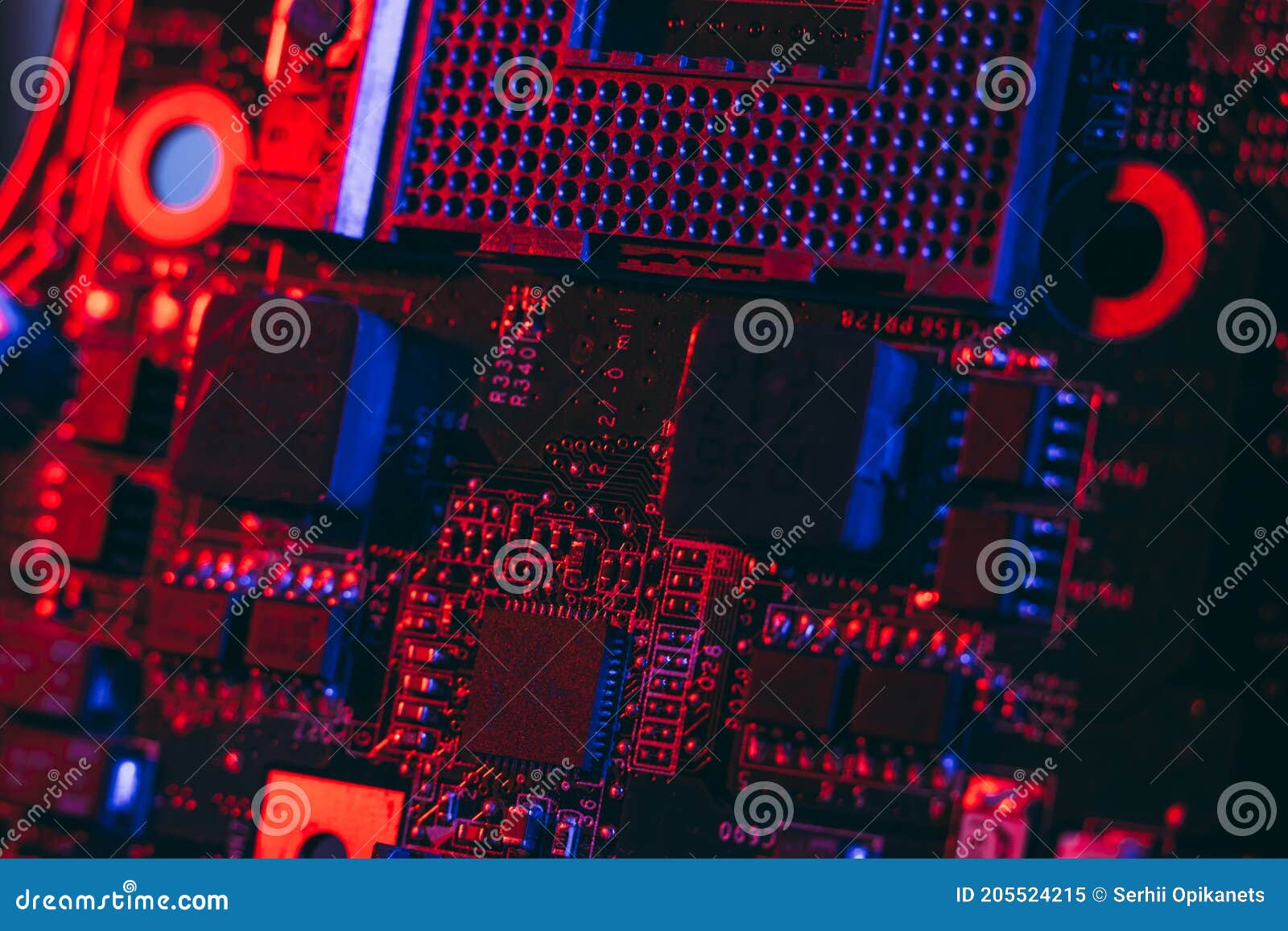 Processor Socket in Neon Light. Motherboard with Microchips. Dark Photo ...