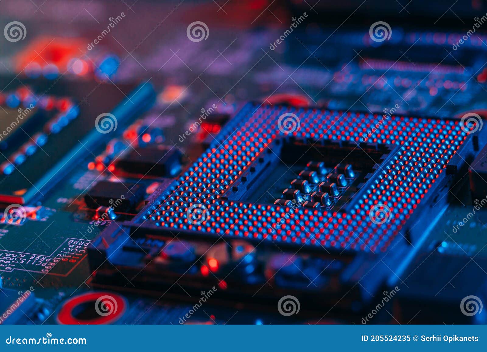 Processor Socket In Neon Light. Motherboard With Microchips. Dark Photo ...