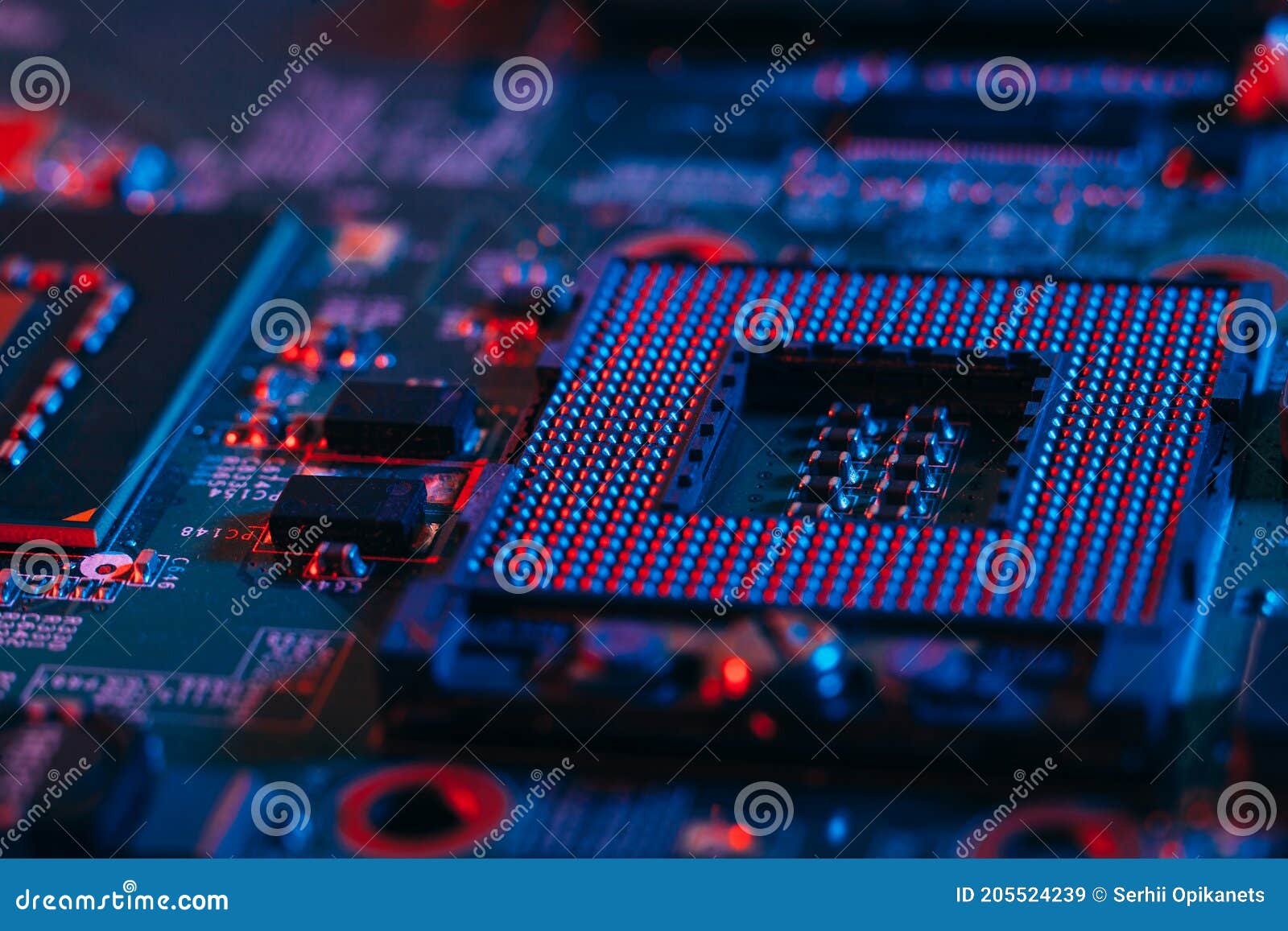 Processor Socket in Neon Light. Motherboard with Microchips. Dark Photo ...