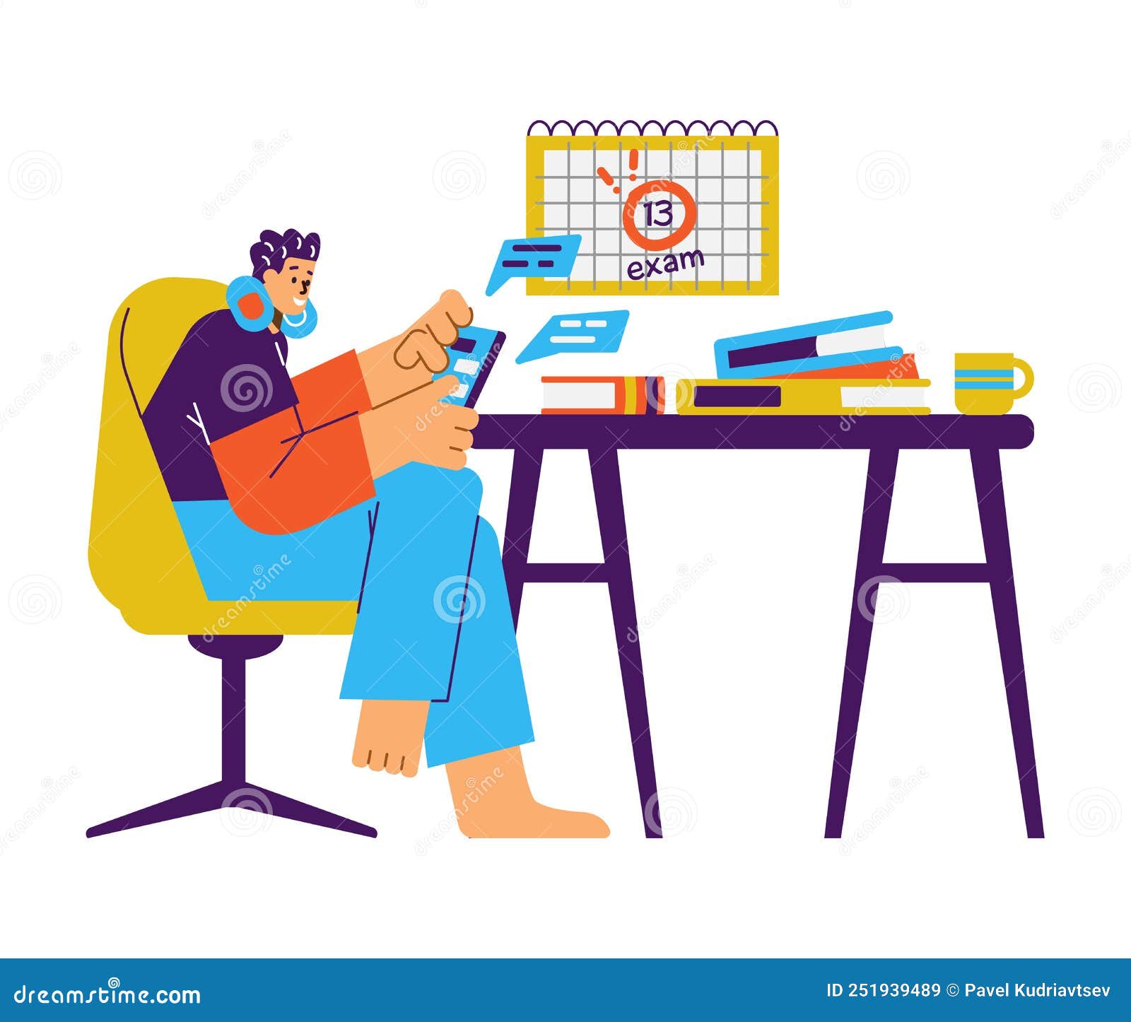 Procrastinating Student before Exams, Flat Cartoon Vector Illustration ...