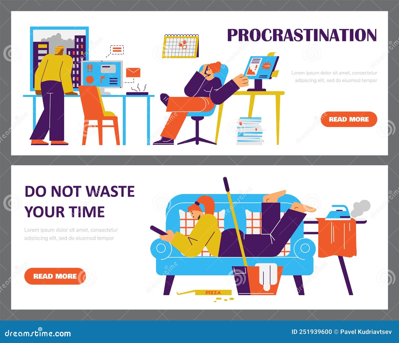 Procrastination and Inefficient Use of Time Banners, Flat Vector ...