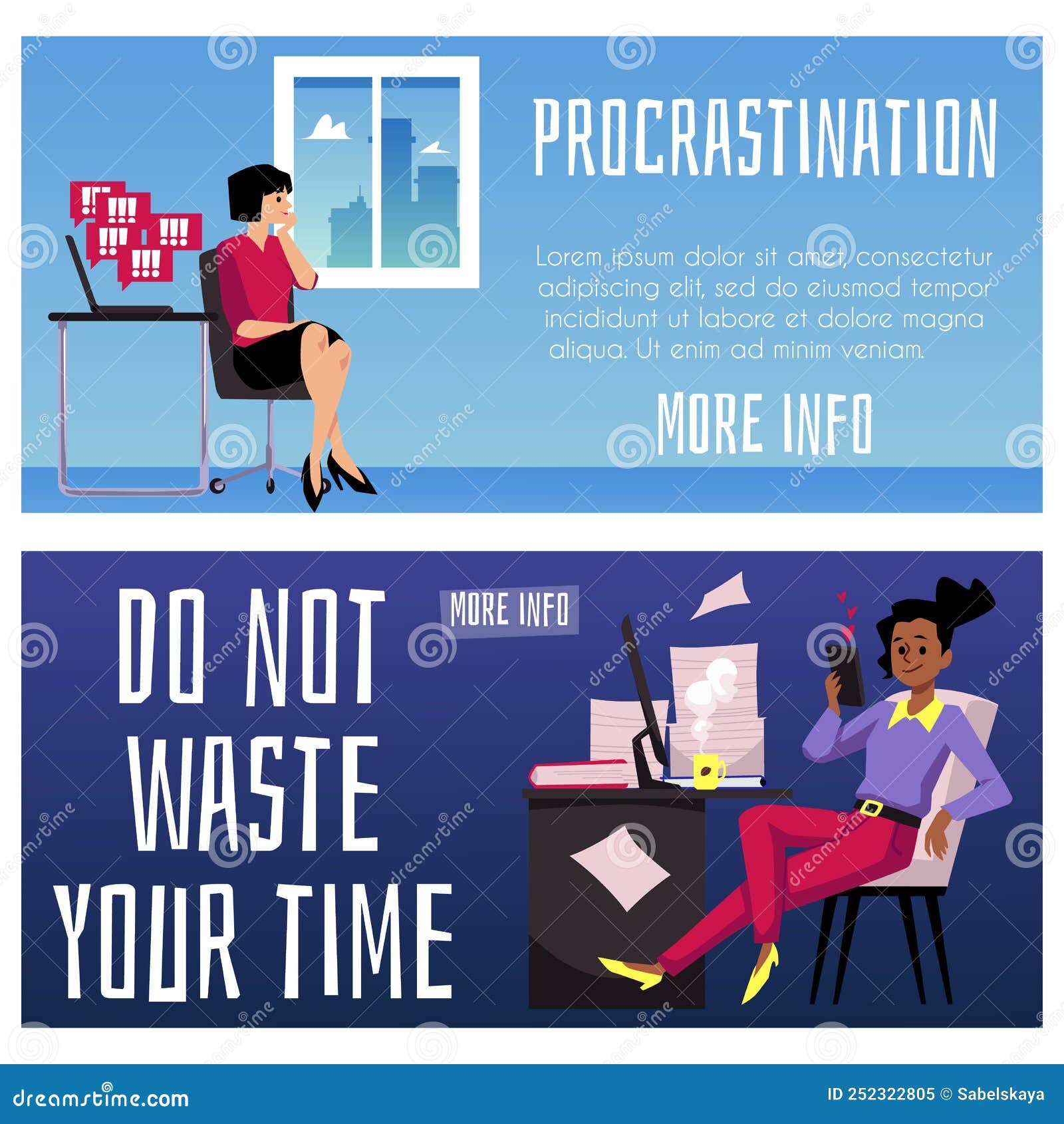 Procrastination and Time Wasting Banners Set, Flat Vector Illustration ...