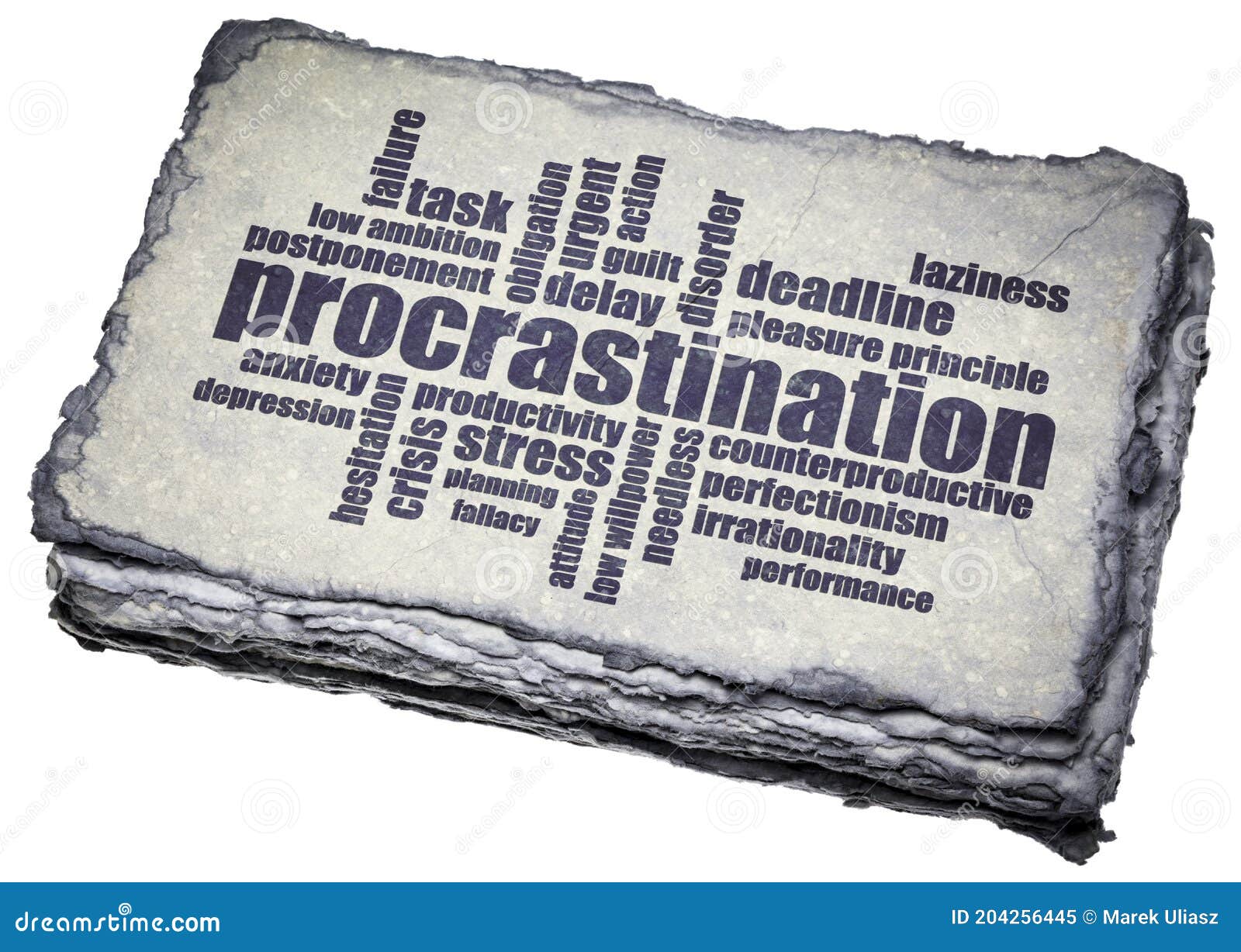 Procrastination Word Cloud on Dark Handmade Paper Stock Image - Image ...