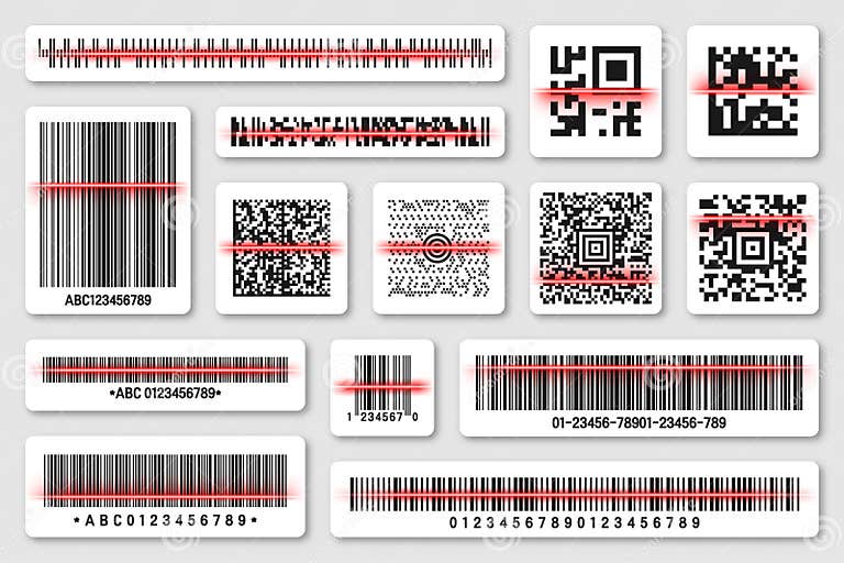 Product Barcodes and QR Codes with Red Scanning Line. Identification ...
