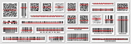Product Barcodes and QR Codes with Red Scanning Line. Identification ...