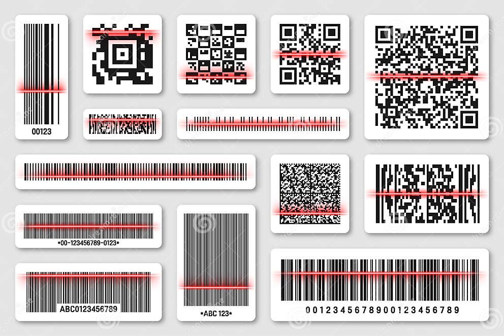 Product Barcodes and QR Codes with Red Scanning Line. Identification ...