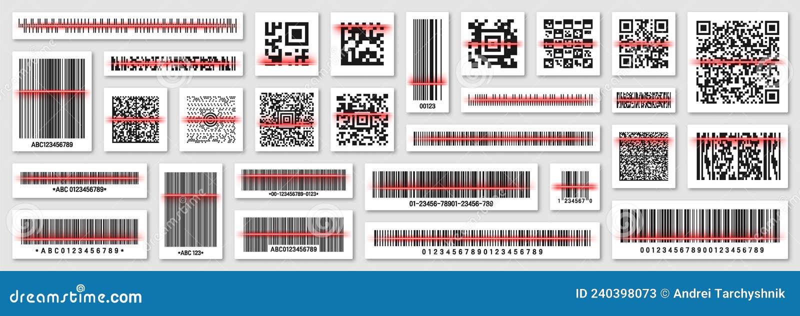 Product Barcodes And QR Codes With Red Scanning Line. Identification ...