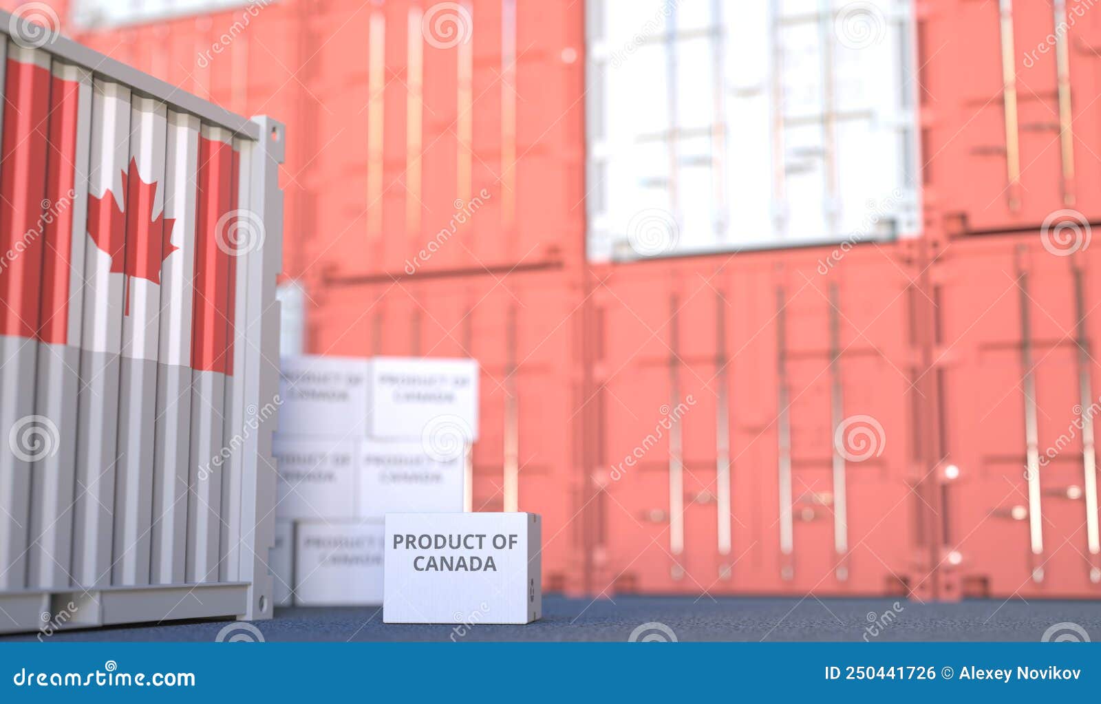 PRODUCT of CANADA Text on the Cardboard Box and Cargo Terminal Full of ...