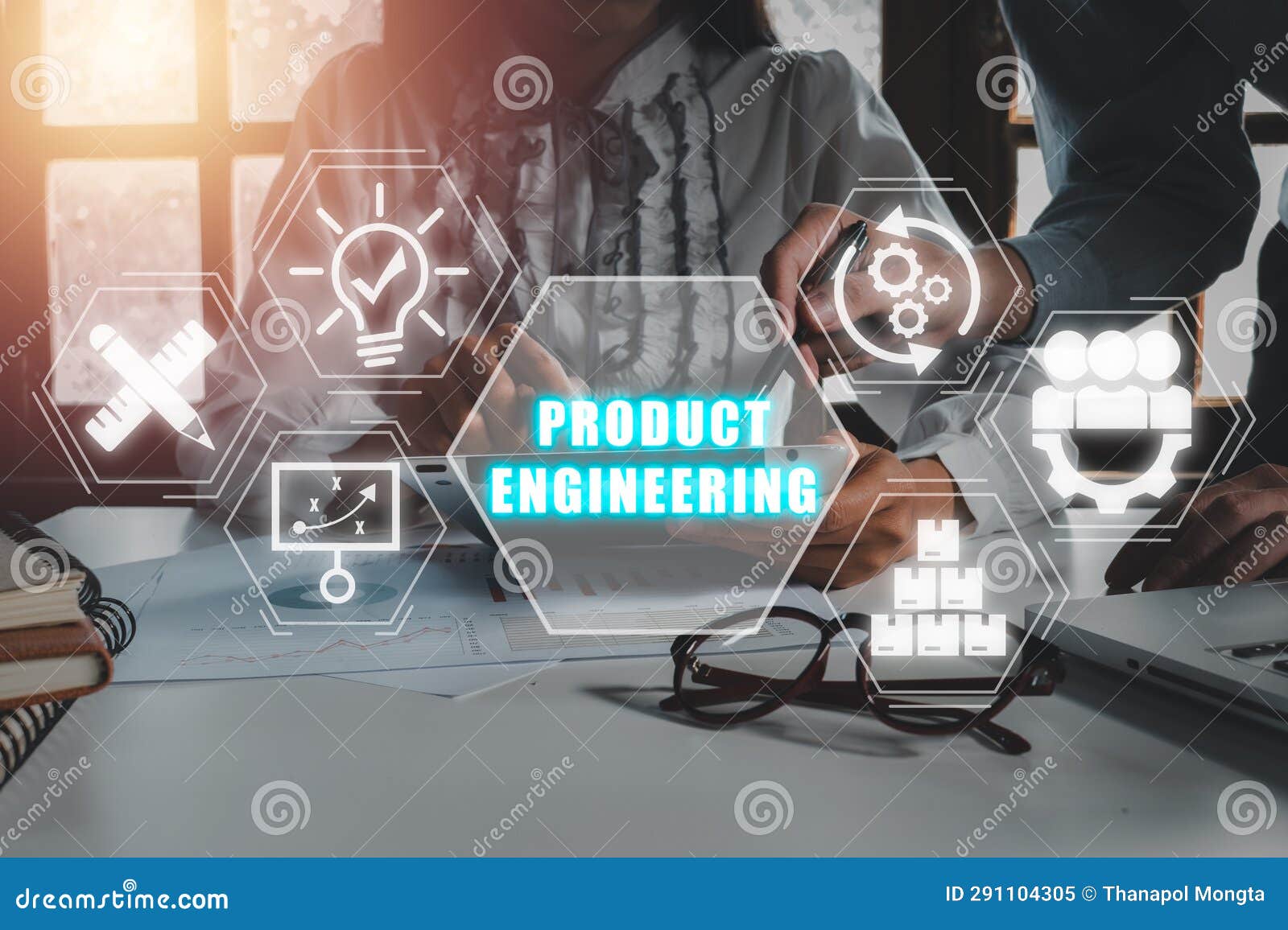 Engineer Team Working on Office Desk with Product Engineering Icon on ...