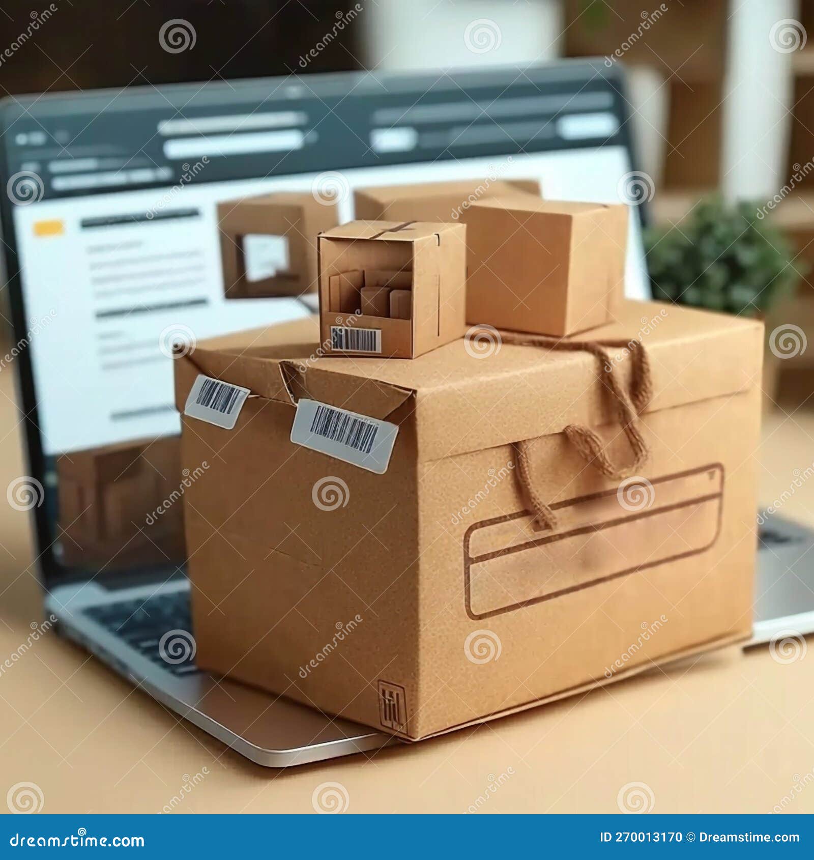 Product Package Boxes with Laptop Computer on Table for Online Shopping ...