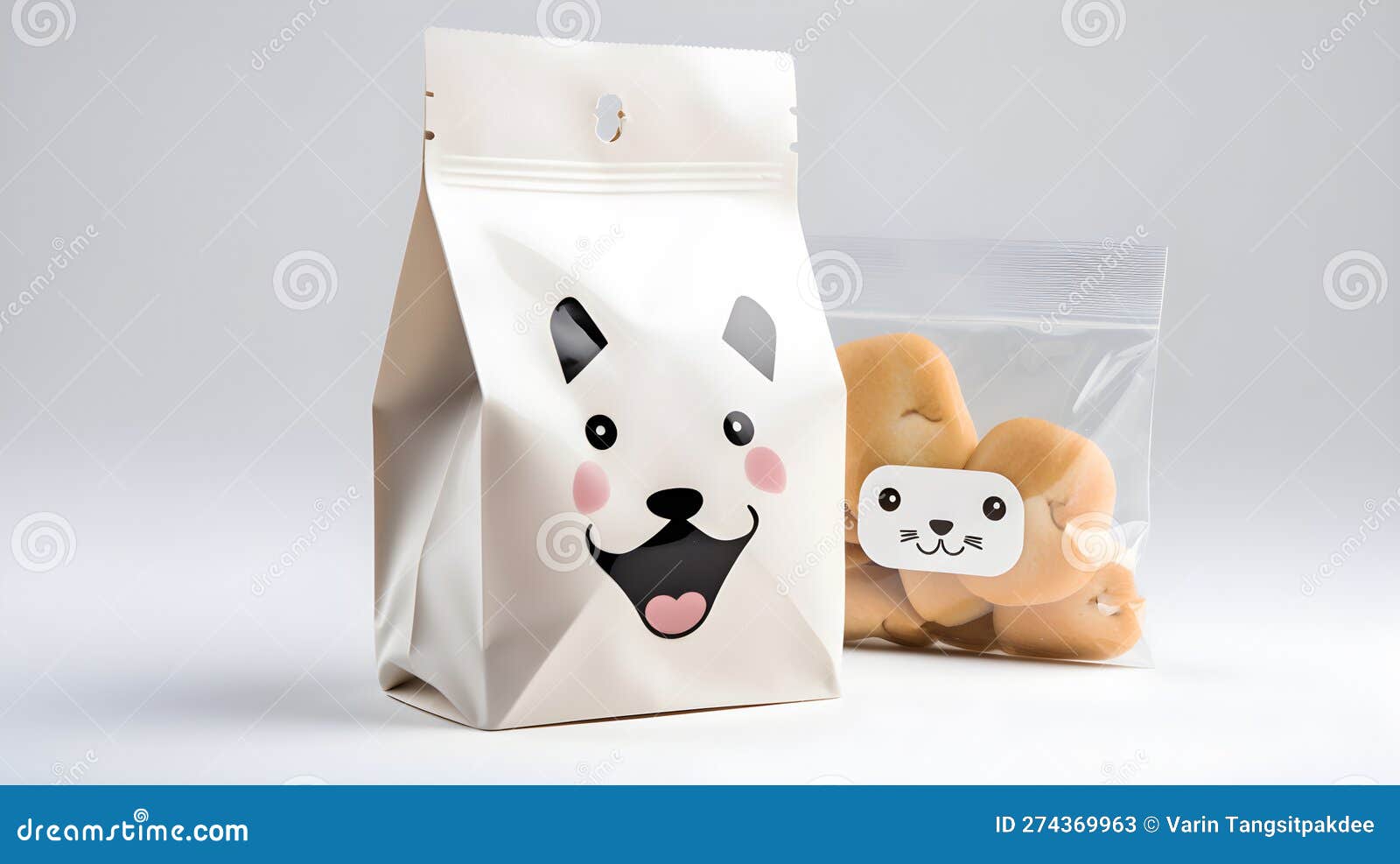 A Product Packaging with Dog Face on it with Inside Packaging for Snack ...