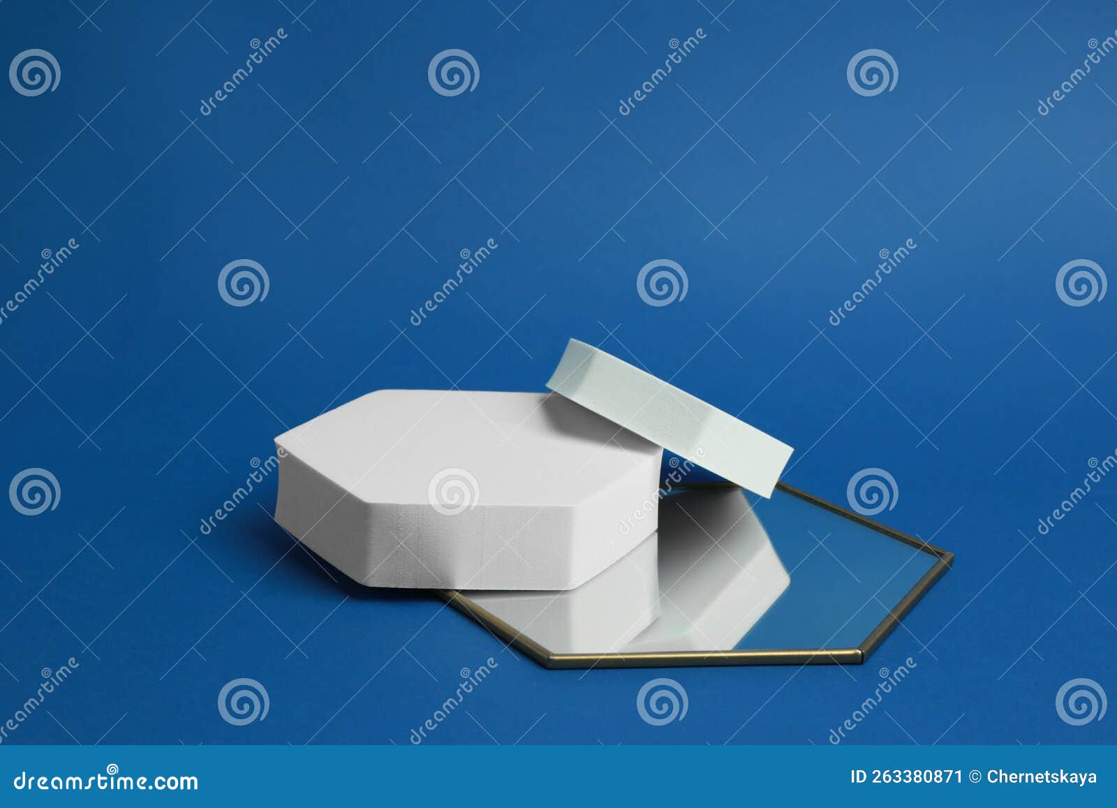Product Photography Props. Hexagonal Shaped Podiums and Mirror on Blue ...