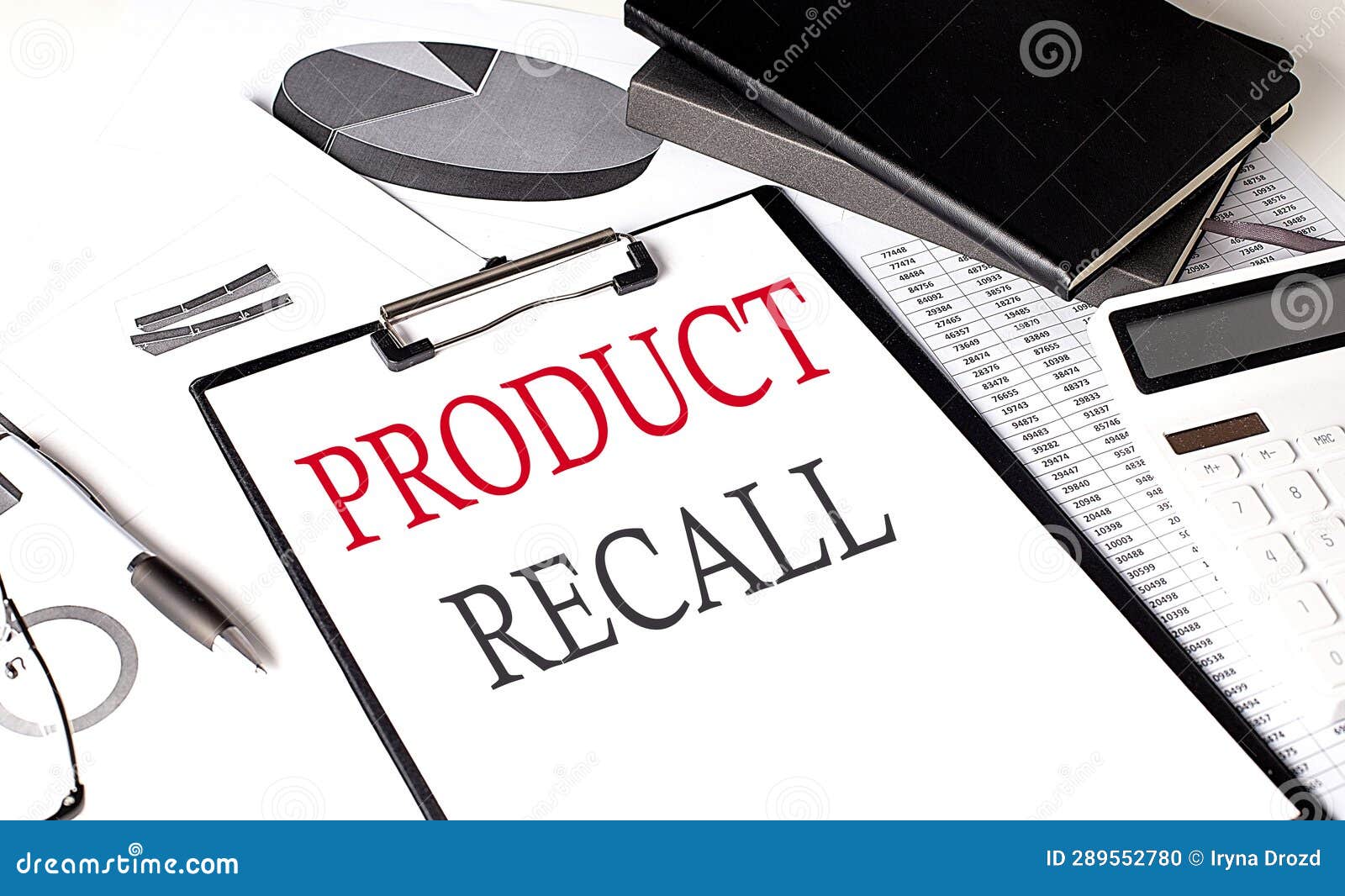 PRODUCT RECALL Text on Paper Clipboard with Chart and Notebook on Withe ...