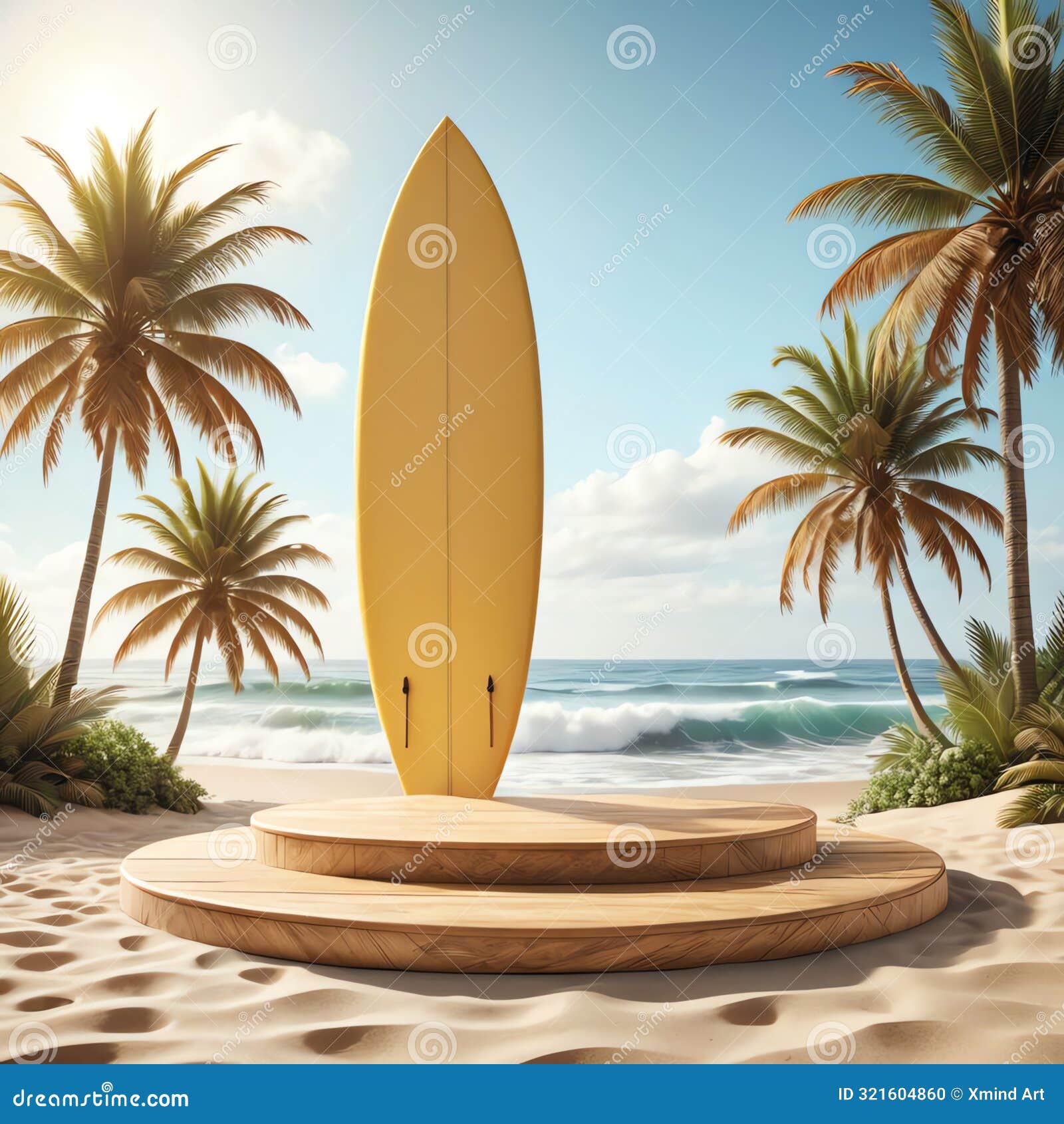 Product Stage Podium Showcase Mockup with Beach and Surfboard ...