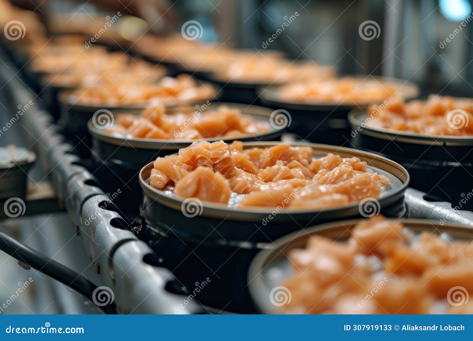 Production of Canned Fish. Tin Cans of Fish on the Conveyor Stock ...