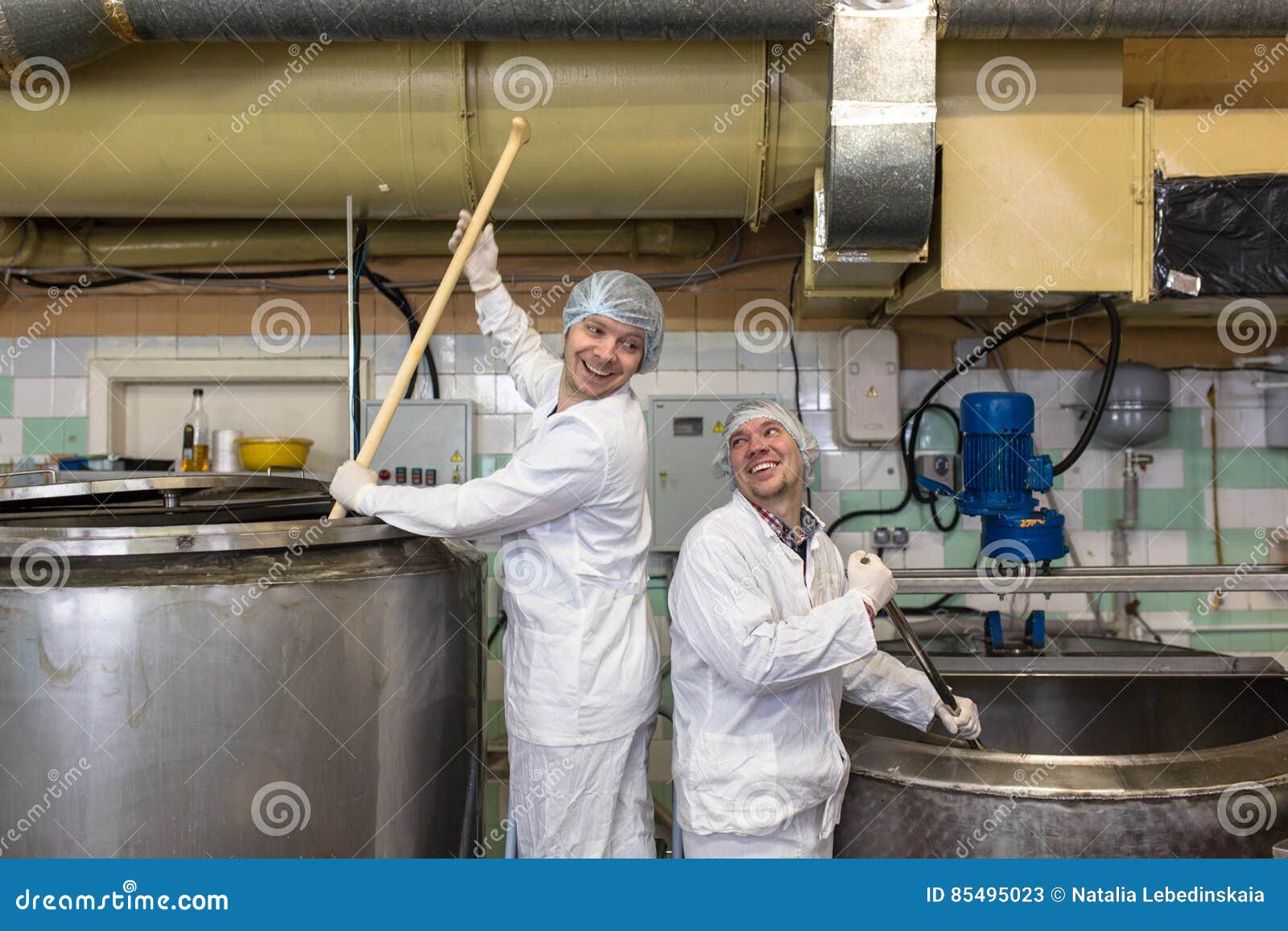 Production of Cheese in Dairy, Two Worker Stock Image - Image of ...